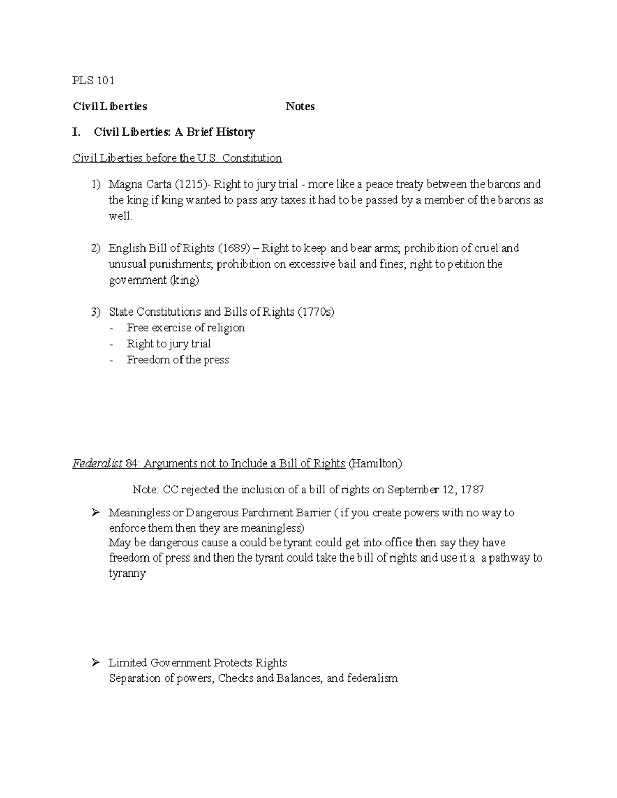 PLS 101 Civil Liberties: Notes on the Bill of Rights & Interpretations ...
