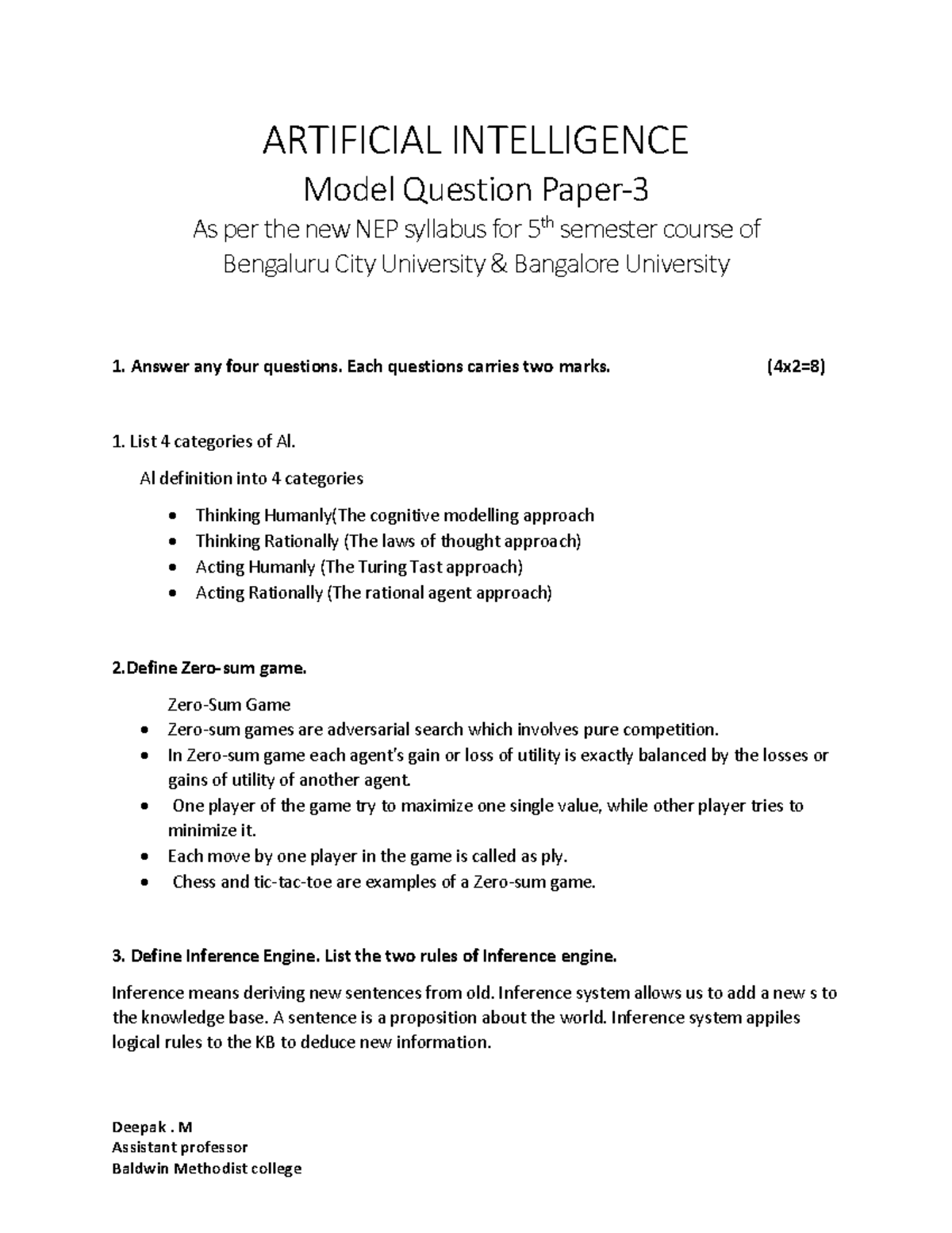 Ai model question paper-3 - Deepak. M Assistant professor ARTIFICIAL ...