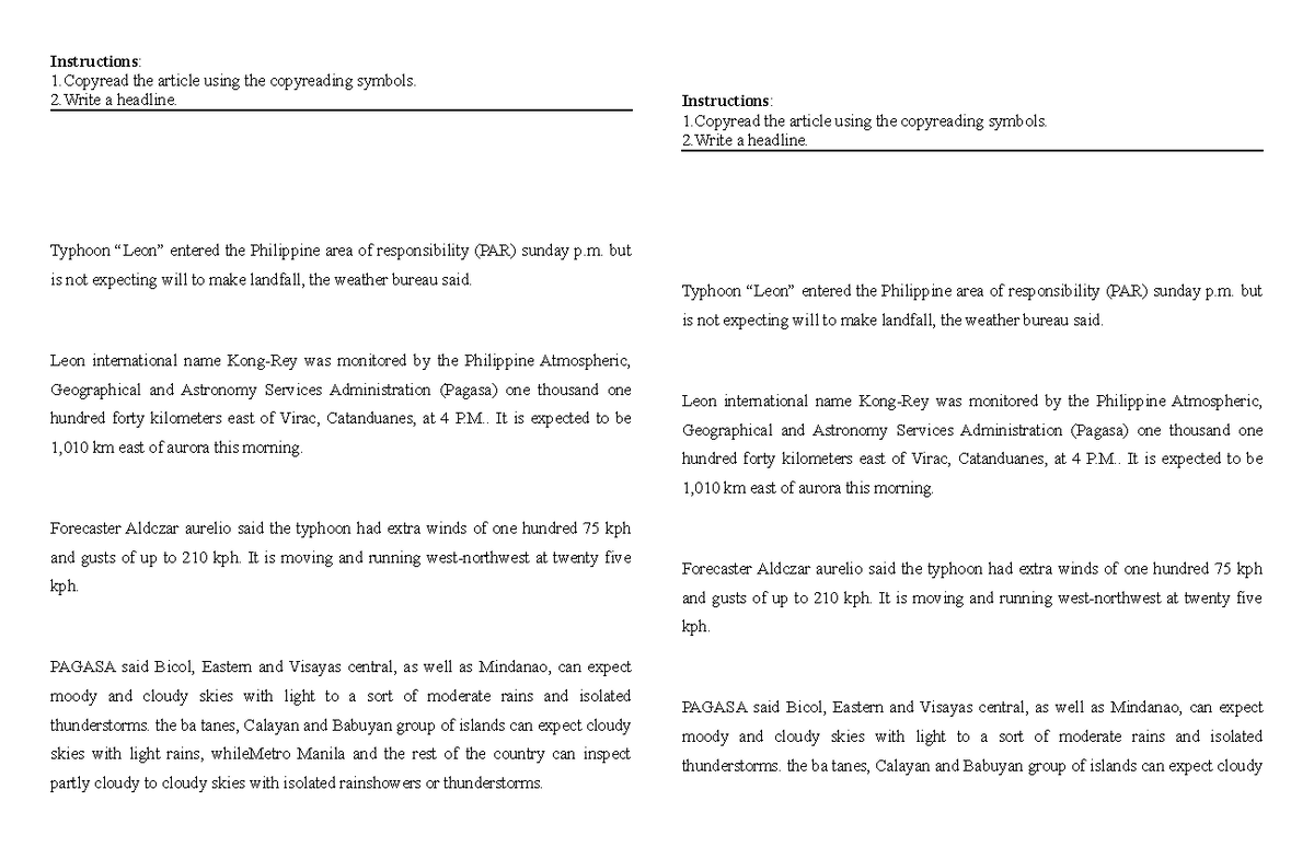 Copyreading English - Instructions: 1 the article using the copyreading ...