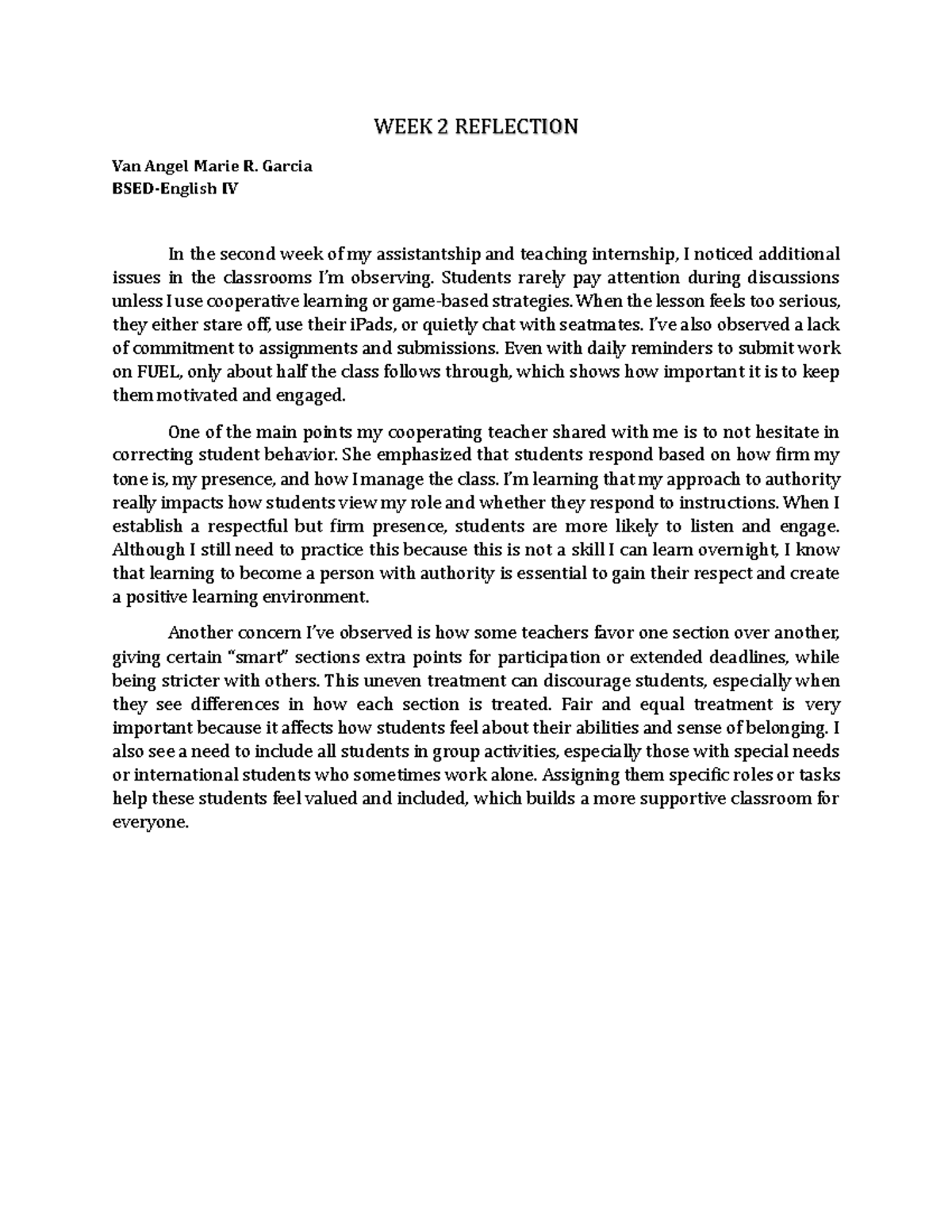 WEEK 2 Reflection on Classroom Engagement Strategies - Studocu