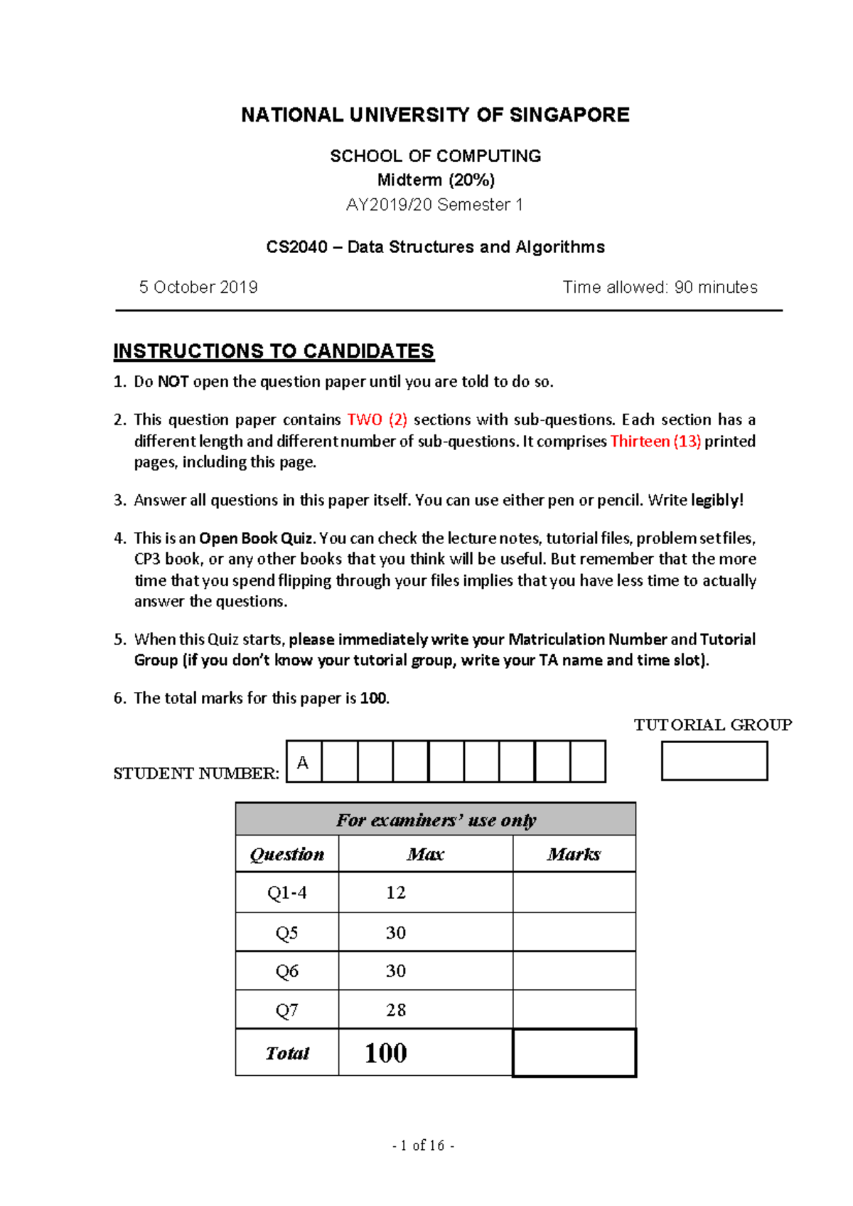 CS2040 Midterm Exam Paper - Data Structures and Algorithms (Semester 1 ...