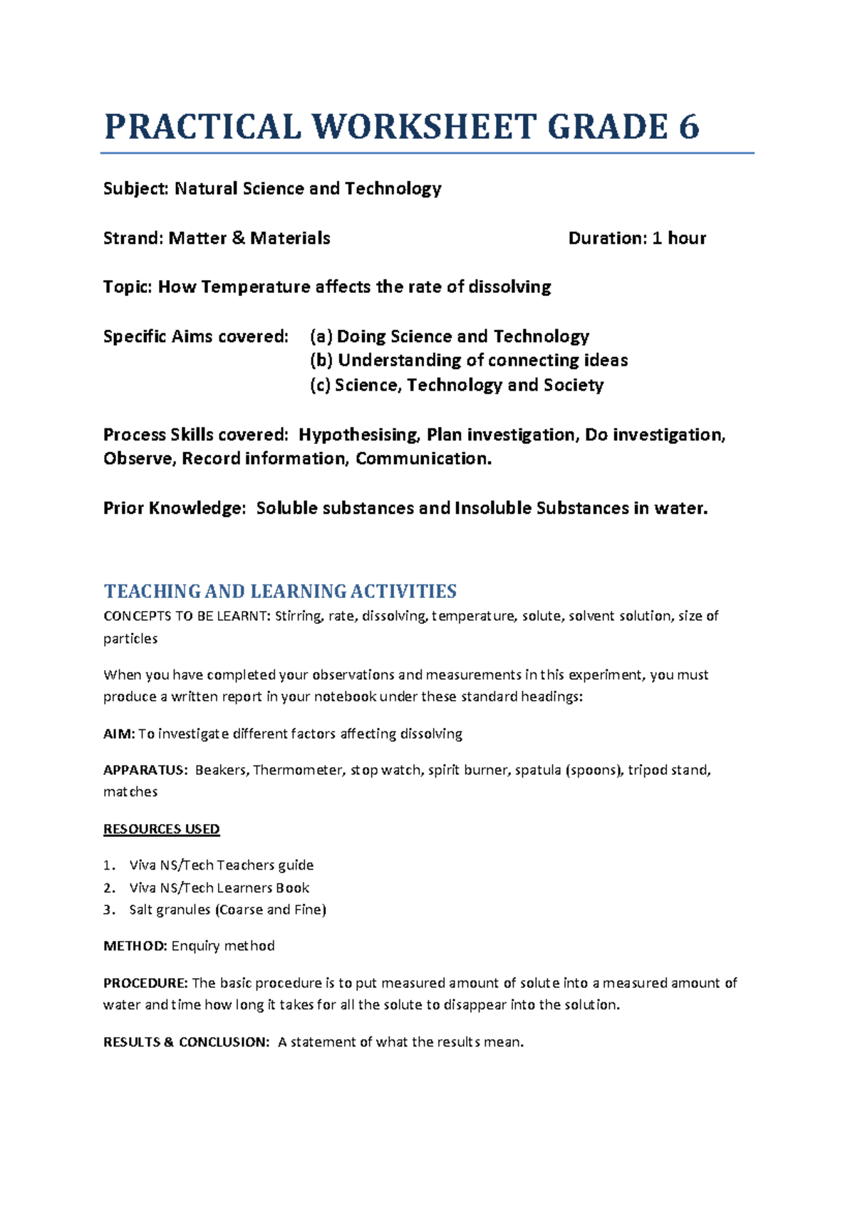 NS&TECH Grade 6 Matter & Materials Practical: Rate of Dissolving ...