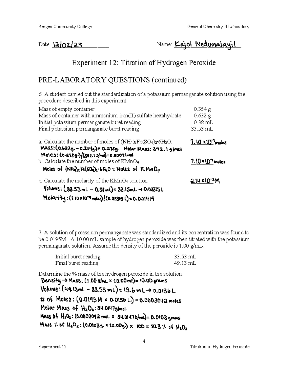 Chem Lab II: Experiment 12 - Titration of Hydrogen Peroxide - Studocu