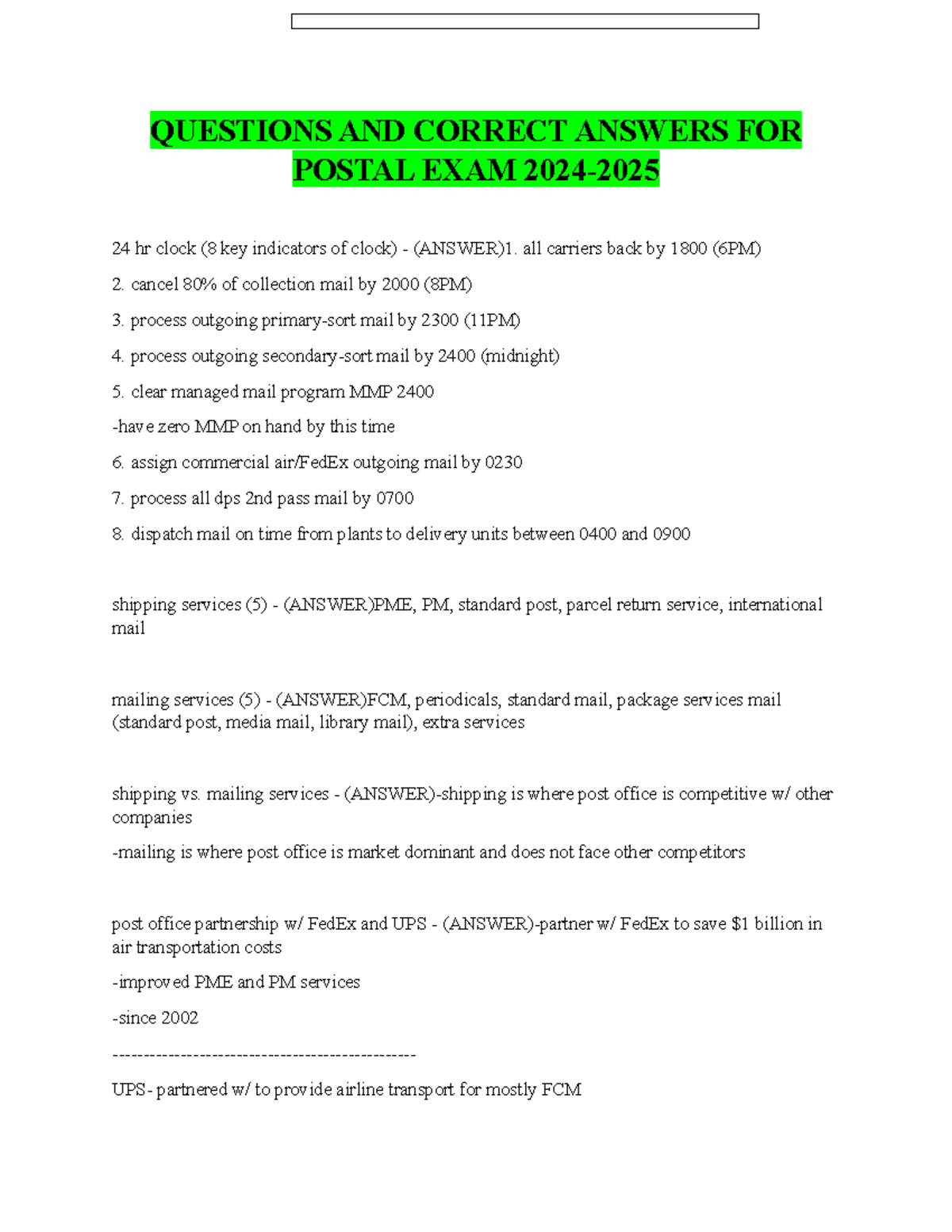 Questions AND Correct Answers FOR Postal EXAM 2024 - QUESTIONS AND ...