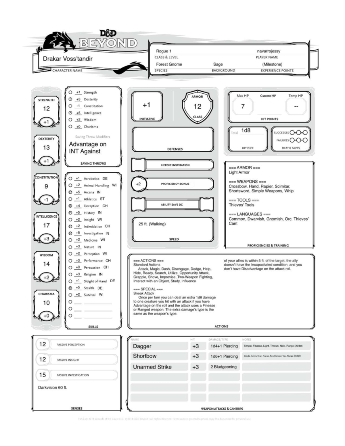 BEYOND Rogue 1 Character Sheet for Drakar the Forest Gnome Sage - Studocu