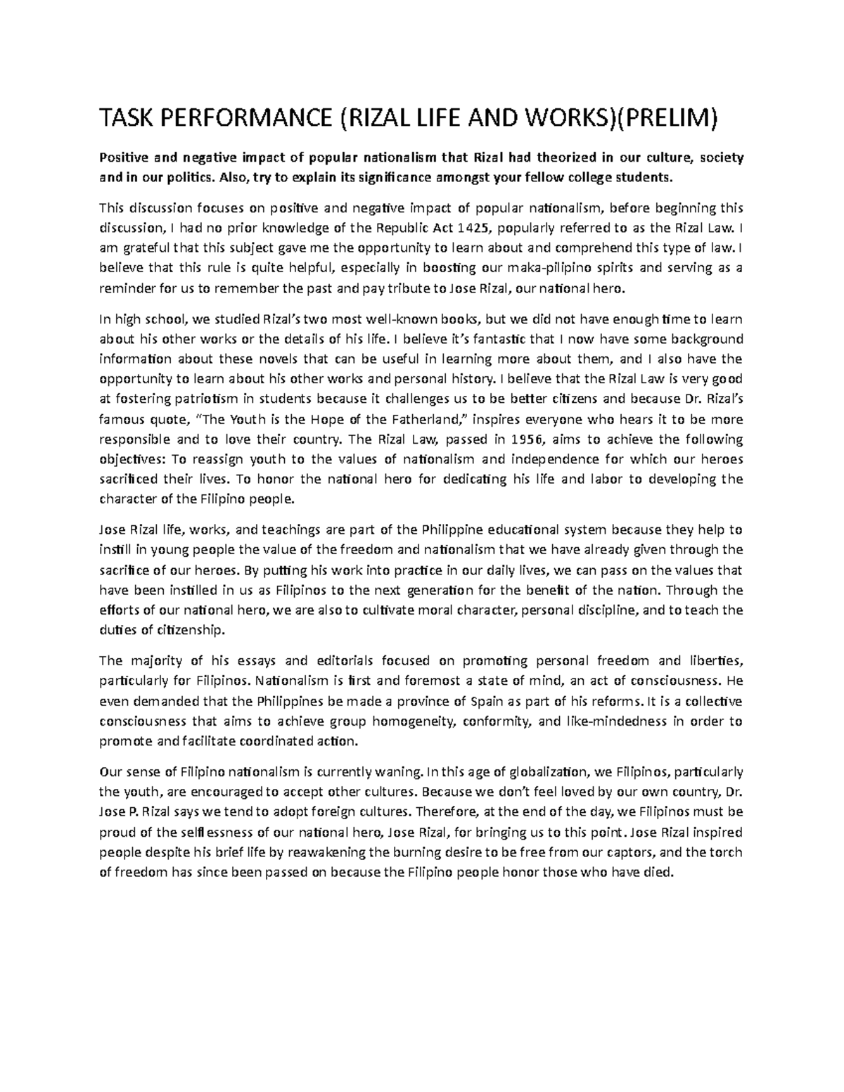 TASK Performance Prelim Rizal LIFE AND Works - TASK PERFORMANCE (RIZAL LIFE AND WORKS)(PRELIM ...