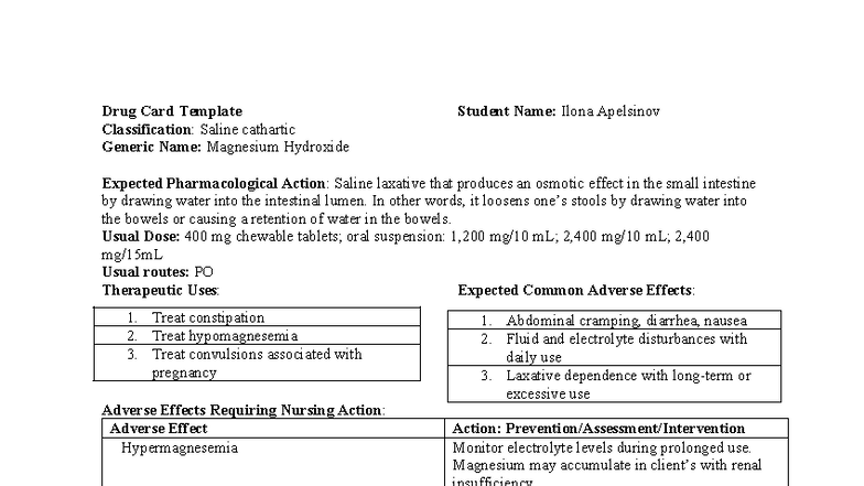 Magnesium Hydroxide Drug Card - Saline Laxative Overview - Studocu