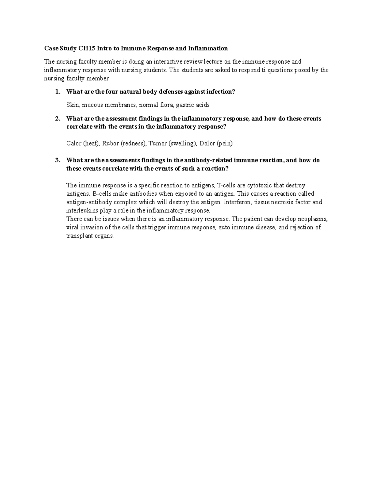 Case Study CH15: Immune Response & Inflammation Insights - Studocu