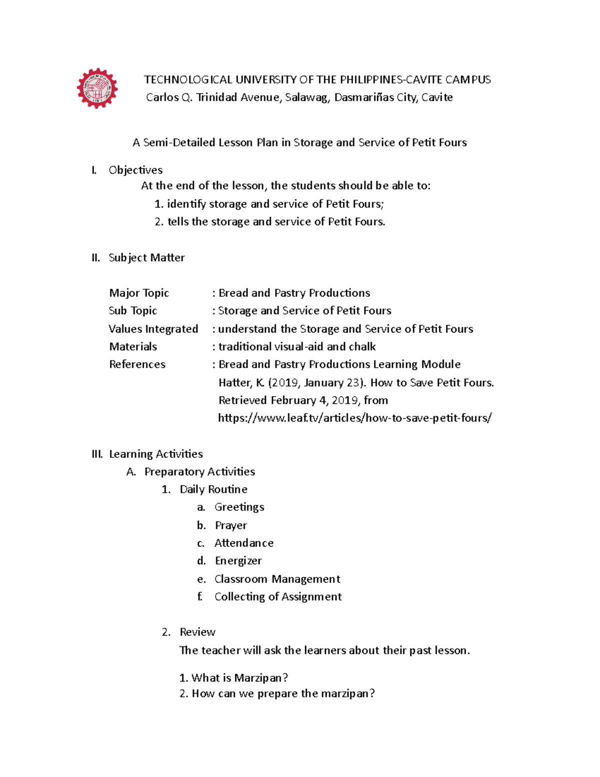 Semi-Detailed Lesson Plan on Storage & Service of Petit Fours - Studocu