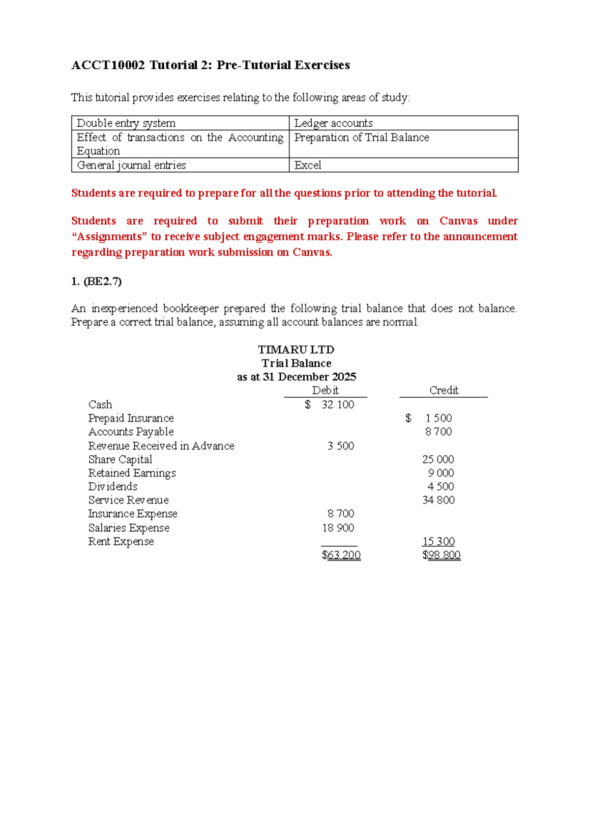 ACCT10002 Tutorial 2: Pre-Tutorial Exercises & Solutions - Studocu