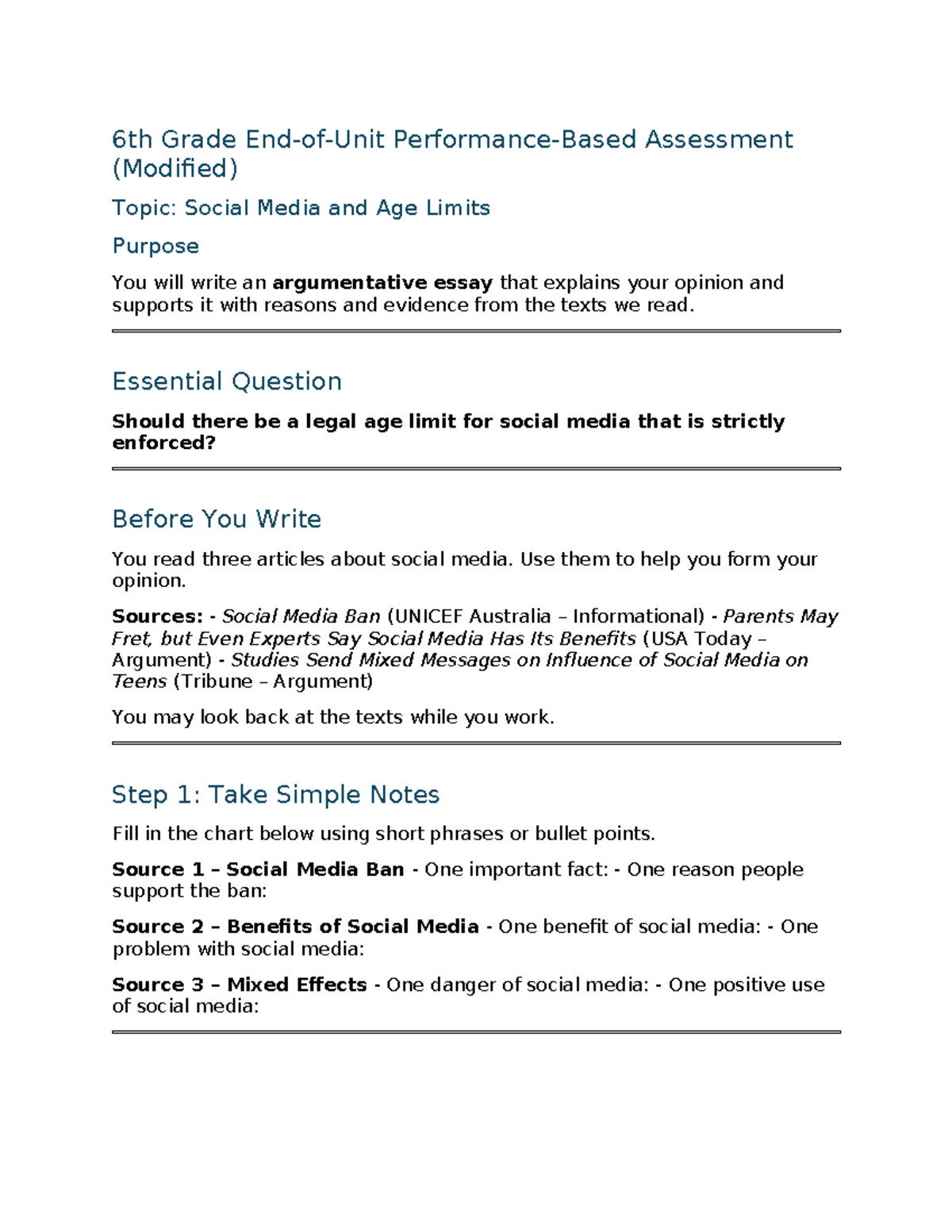 6th Grade Argumentative Essay Guide: Social Media Age Limits - Studocu