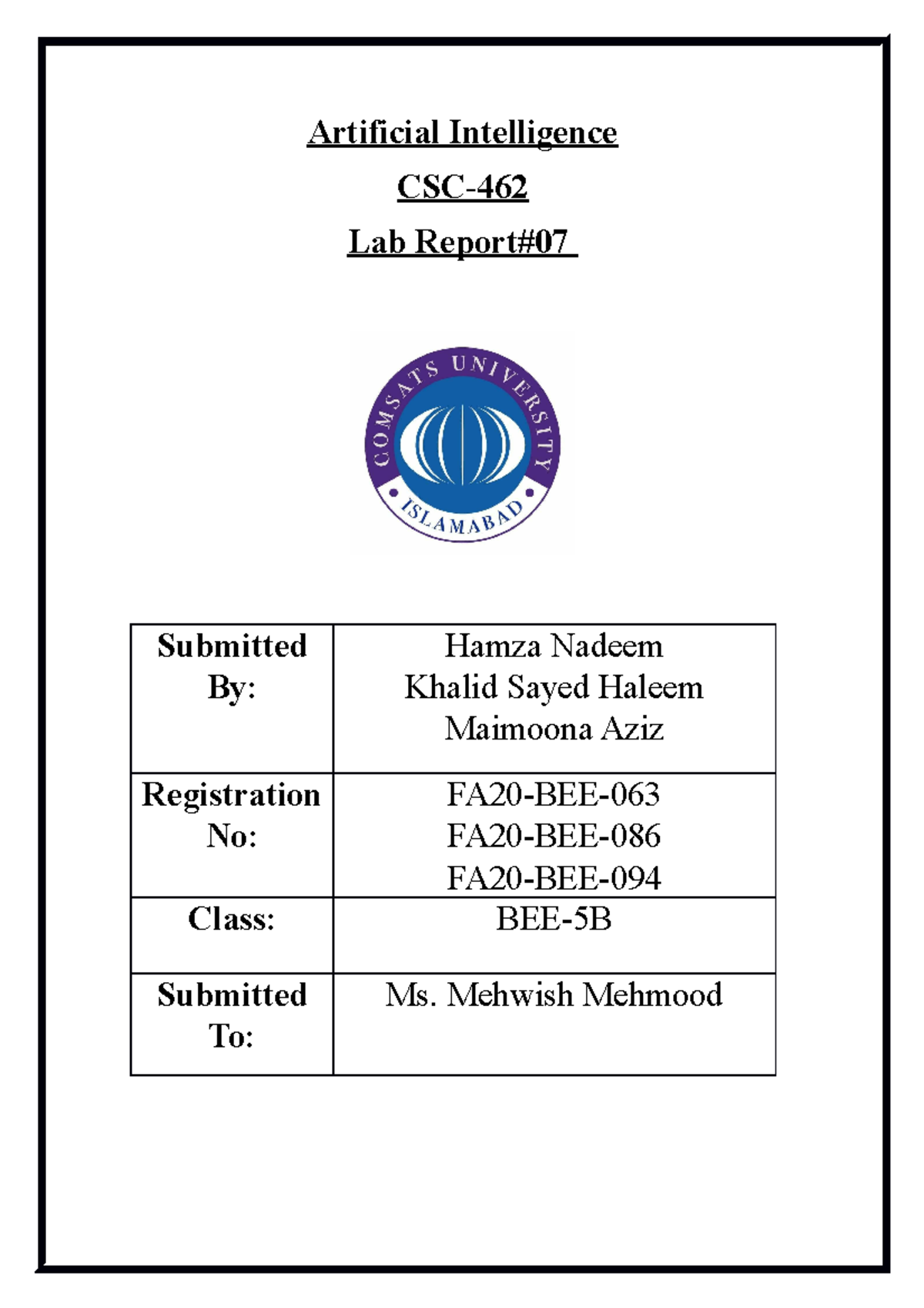Ai lab7 - lab practicals - Artificial Intelligence CSC- Lab Report# Submitted By: Hamza Nadeem ...