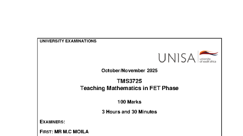 TMS3725 Final Exam 2025: Teaching Mathematics in FET Phase - Studocu