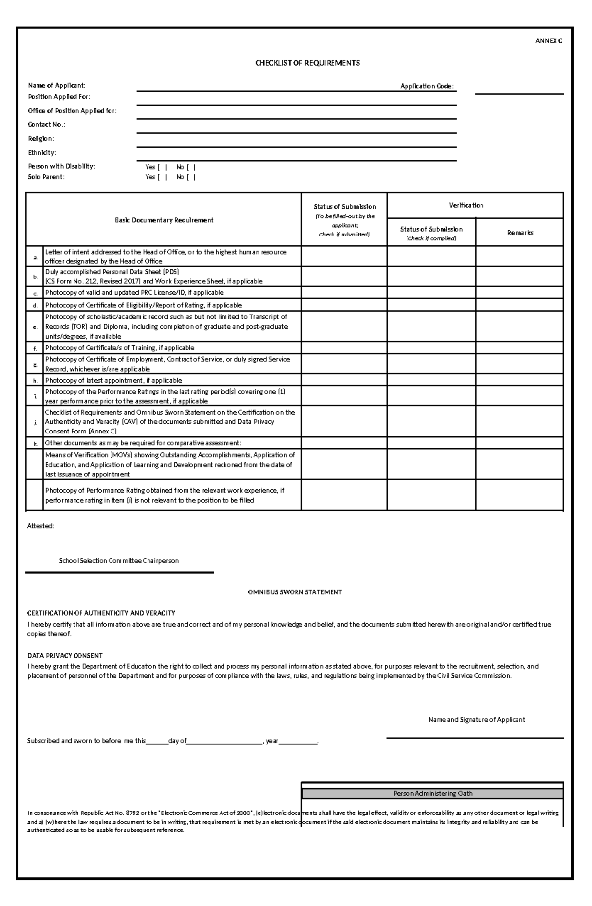 Annex C - Checklist of Requirements and Omnibus Sworn Statement Teacher ...