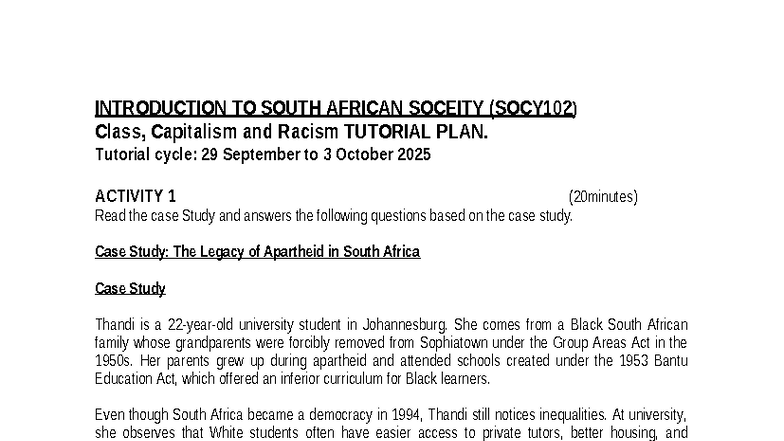 SOCY102 Tutorial Plan: Class, Capitalism & Racism in SA Society - Studocu