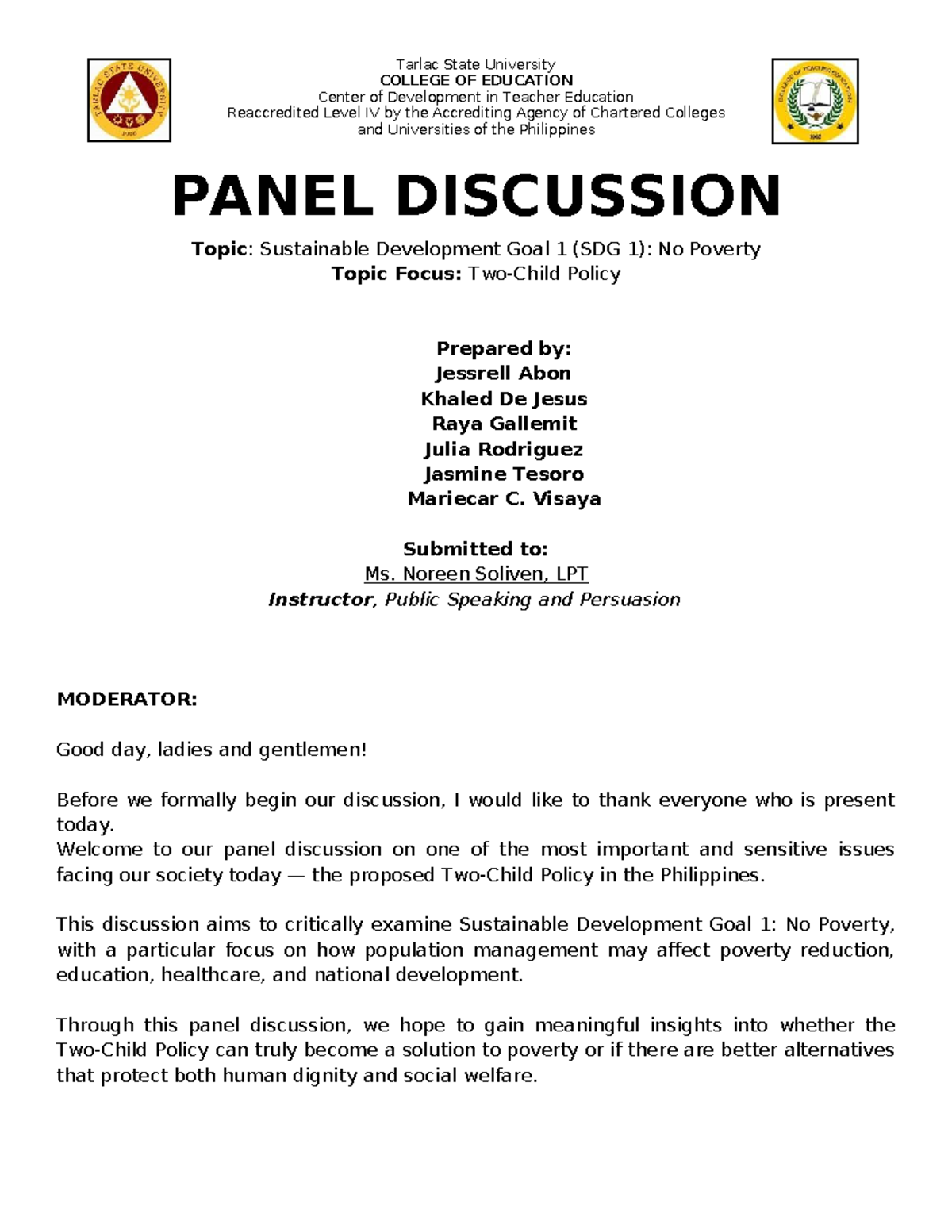 Panel Discussion on SDG 1: No Poverty - Group 4 Ge Elec Notes - Studocu