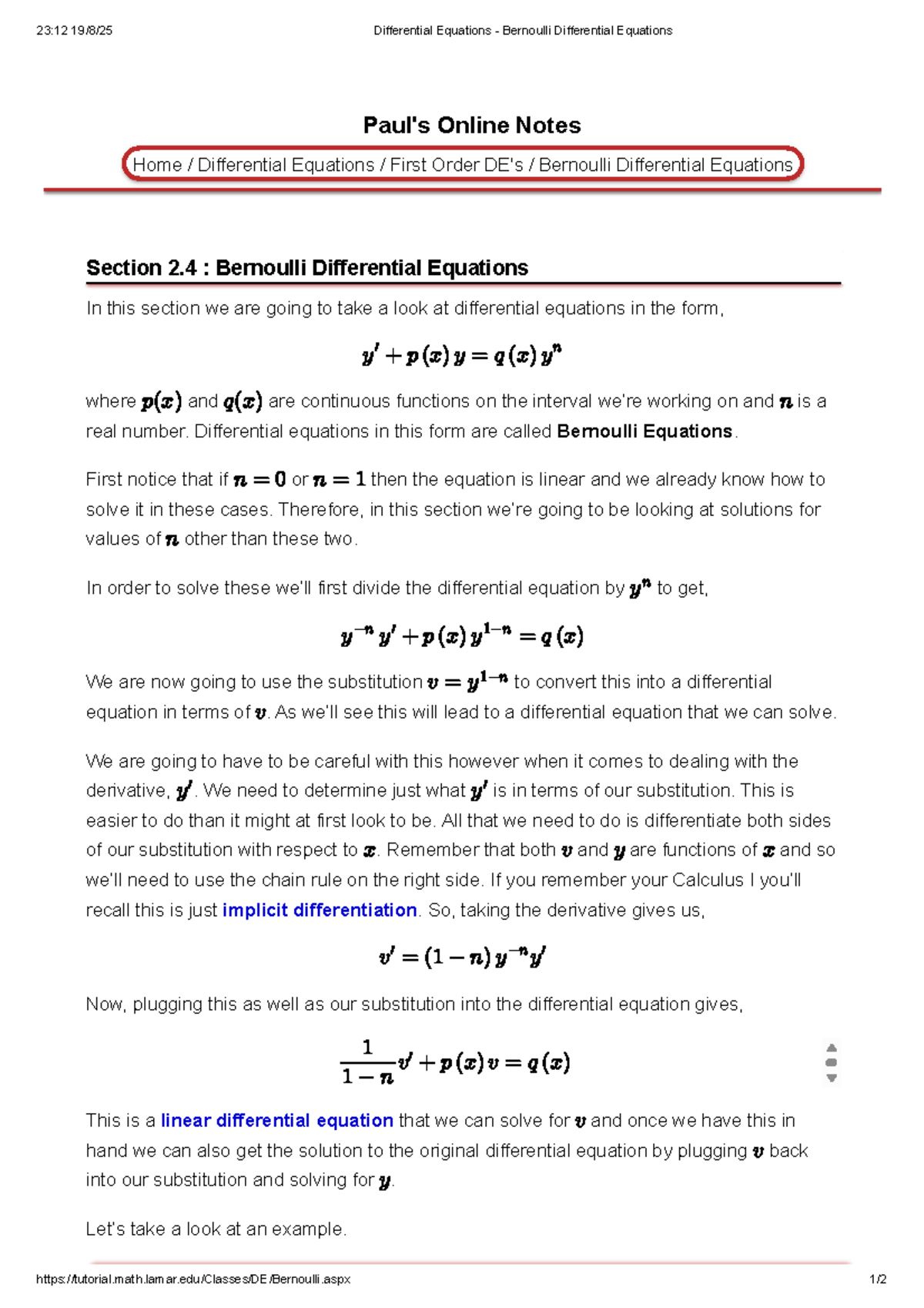 23:12 Differential Equations: Notes on Bernoulli Equations - Studocu