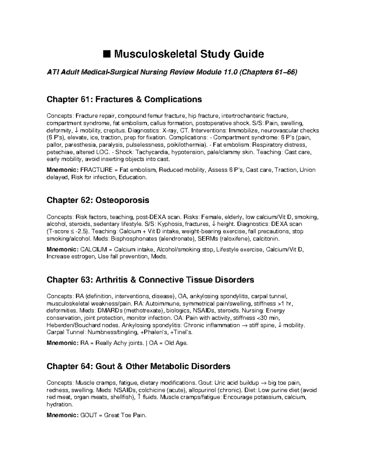 Musculoskeletal Study Guide ATI Adult Nursing Review (Module 11) - Studocu
