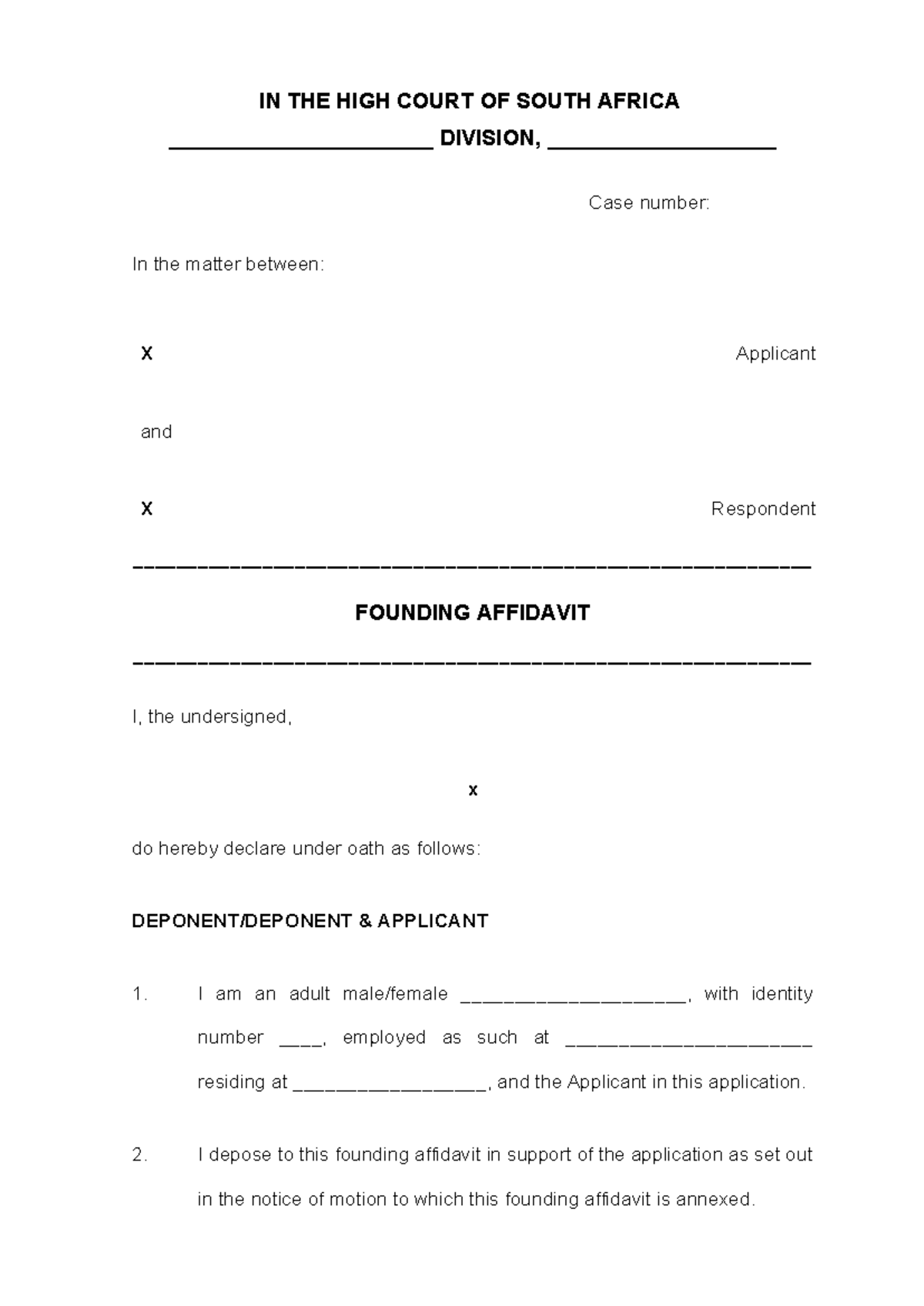 Founding Affidavit for High Court Case No. [XXX] - Urgent Application - Studocu