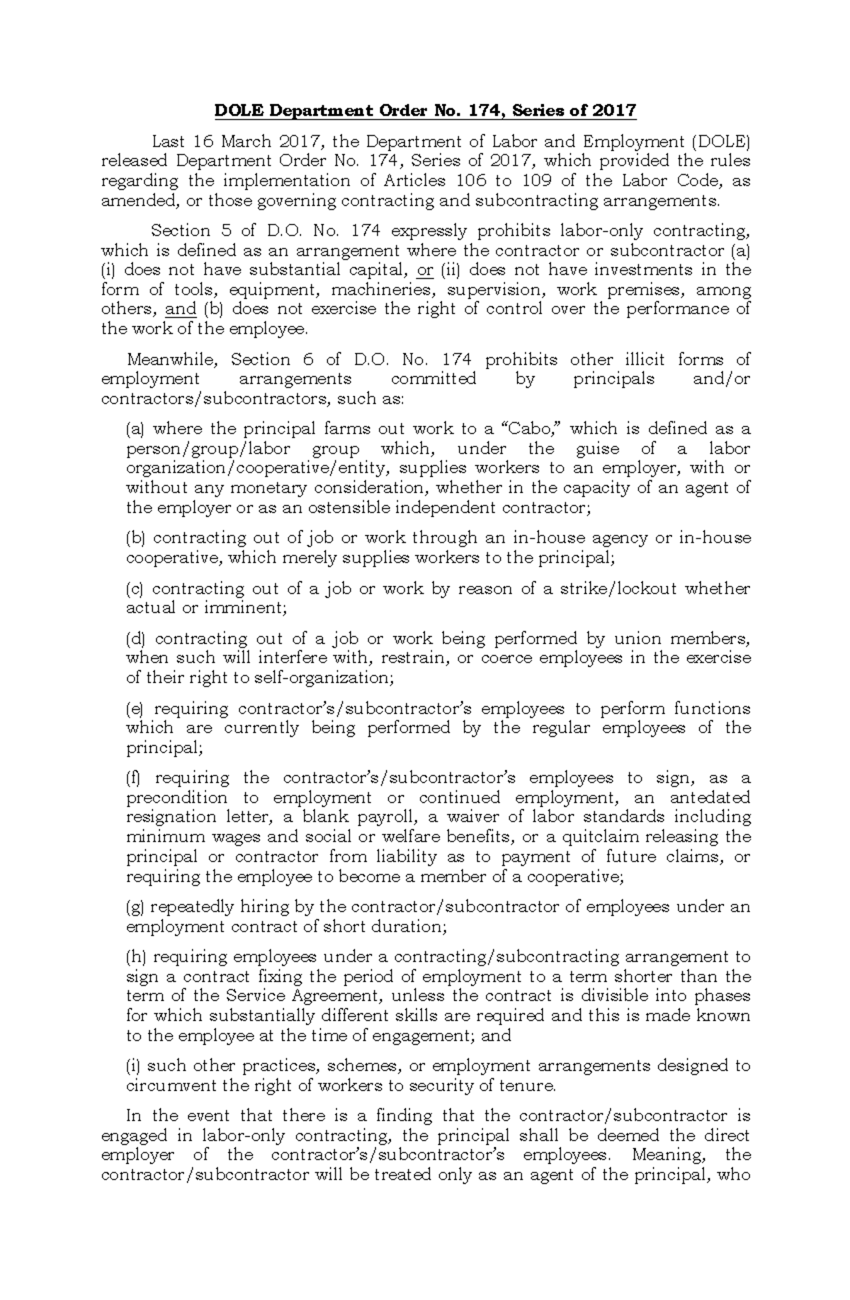 DOLE DO No. 174 (2017) - Overview of Labor Contracting Guidelines - Studocu