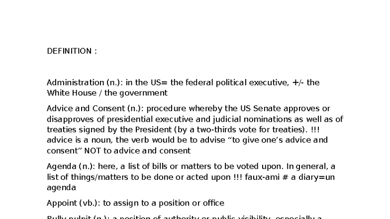 Definitions of Key Terms in U.S. Political Administration - Studocu