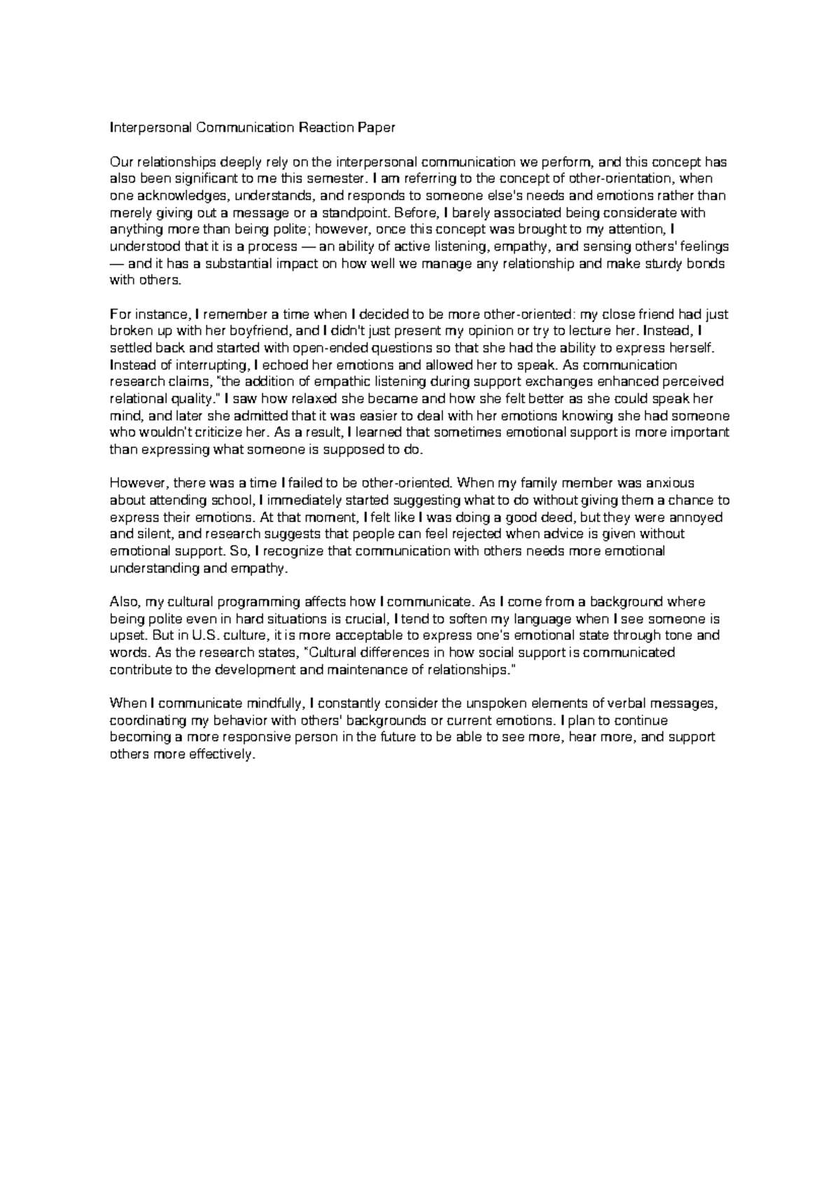 Interpersonal Communication Reaction Paper: Insights & Growth - Studocu