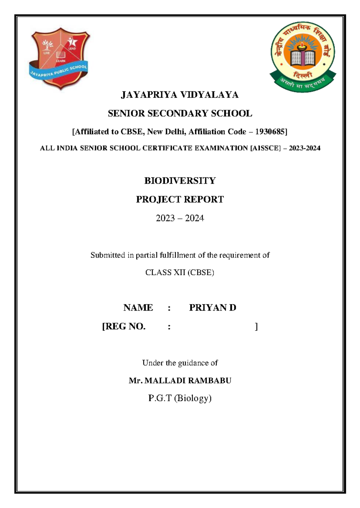 Biodiversity Project Report for Class XII (CBSE) - 2023-2024 - Studocu
