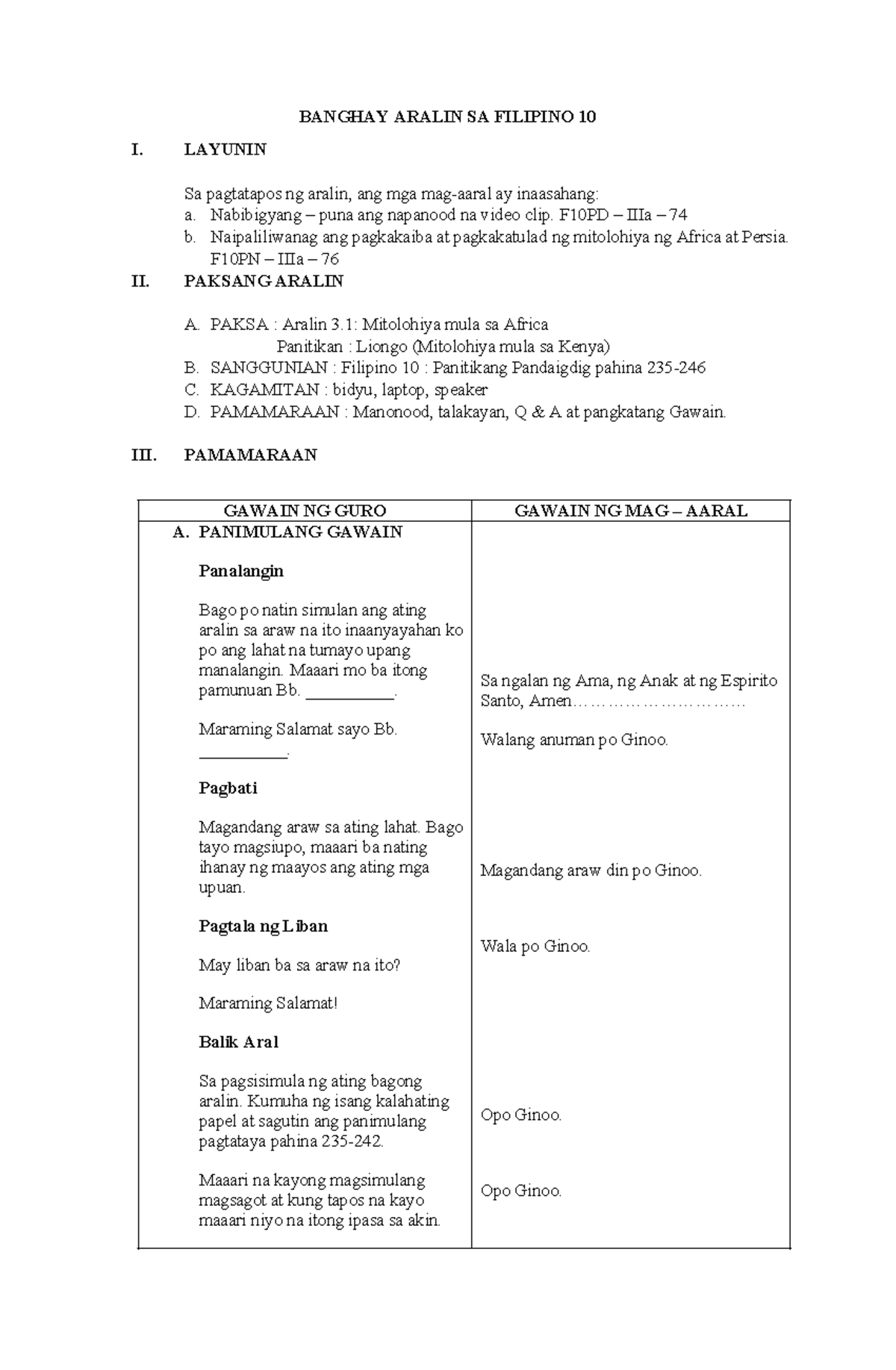 Banghay Aralin sa Filipino 10: Practicing Teaching Week 1 - Studocu