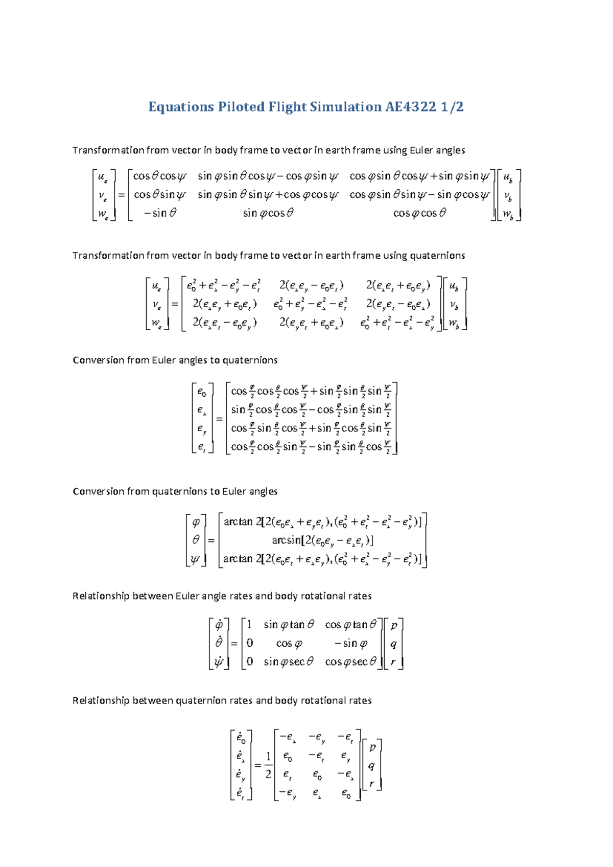 Equations for Piloted Flight Simulation AE 4322 - Complete Sheet ...