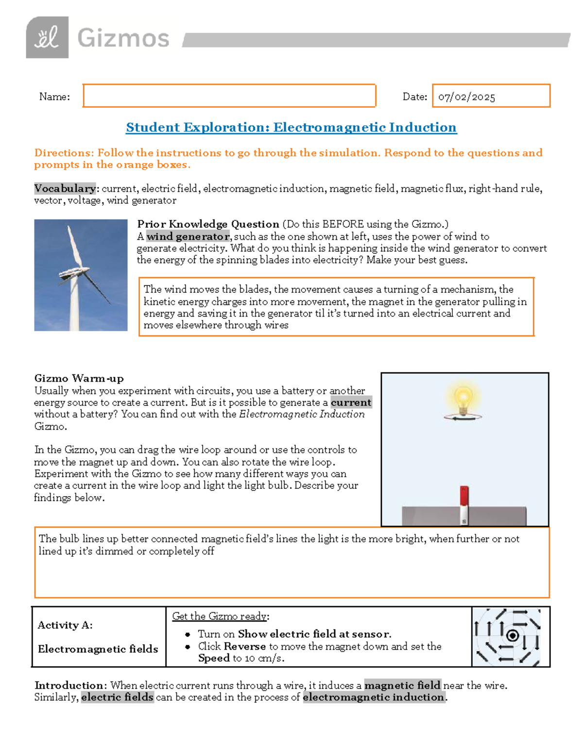 Electromagnetic Induction Exploration: Gizmo Activity Guide - Studocu