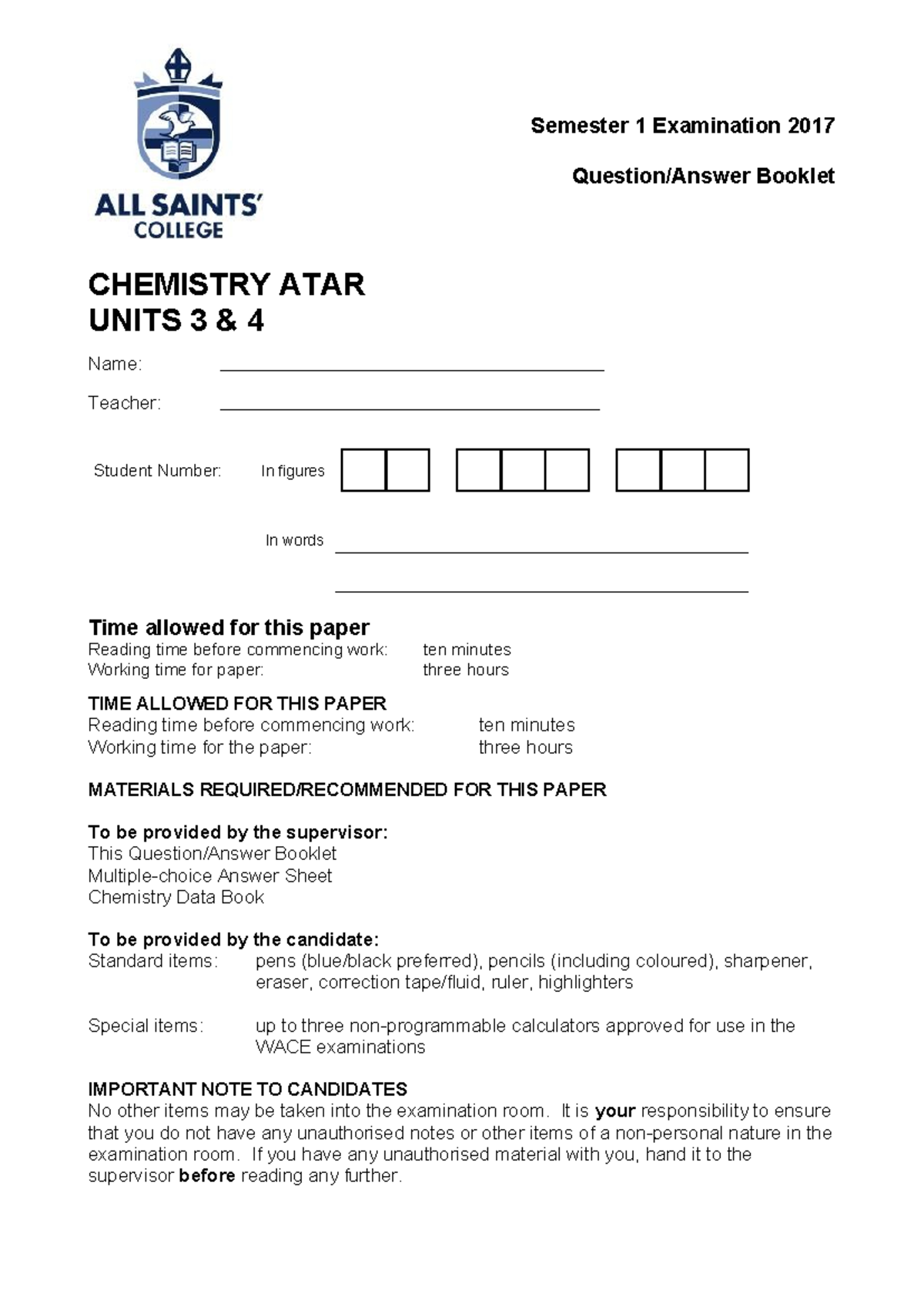2017 Semester 1 Chemistry ATAR Exam Booklet - Units 3 & 4 - Studocu