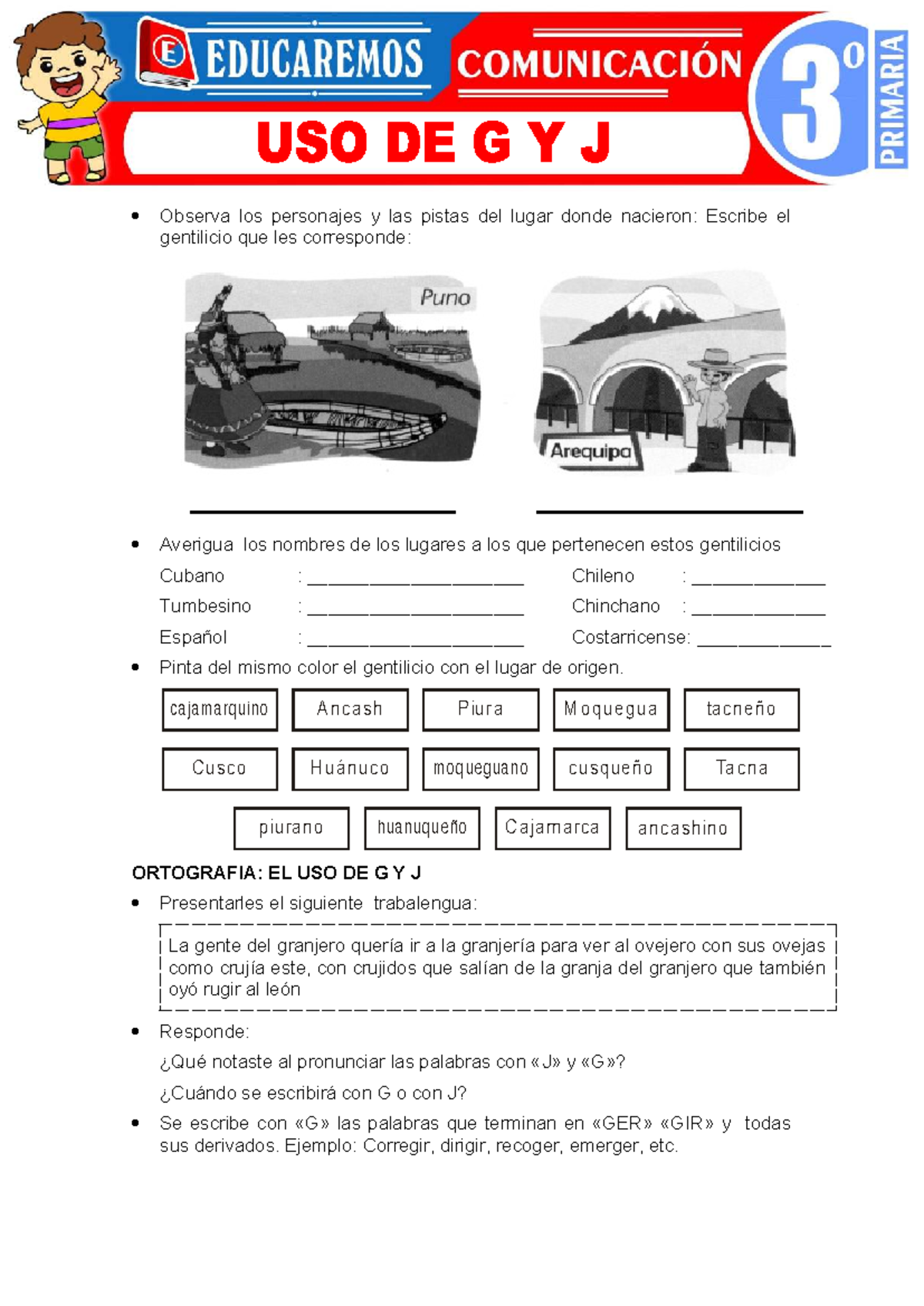 Uso de G y J: Actividades y Ejercicios para 3er Grado - Studocu
