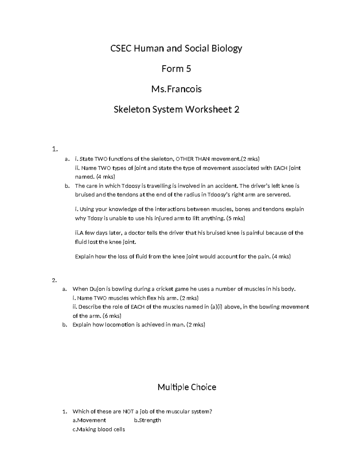 CSEC Human and Social Biology Form 5: Skeleton System Worksheet 2 - Studocu