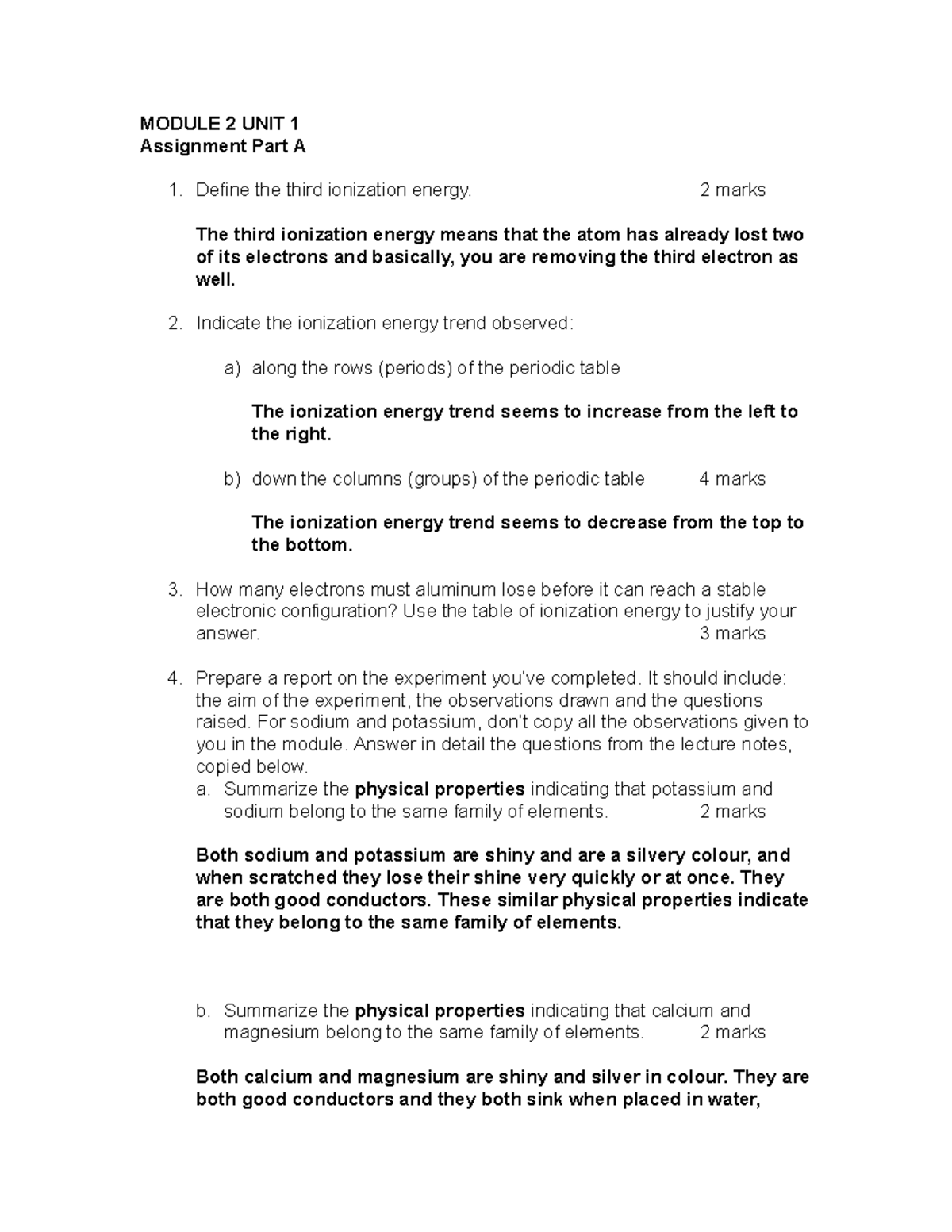 Module 2 Unit 1 Assignment A: Ionization Energy Trends & Elements - Studocu