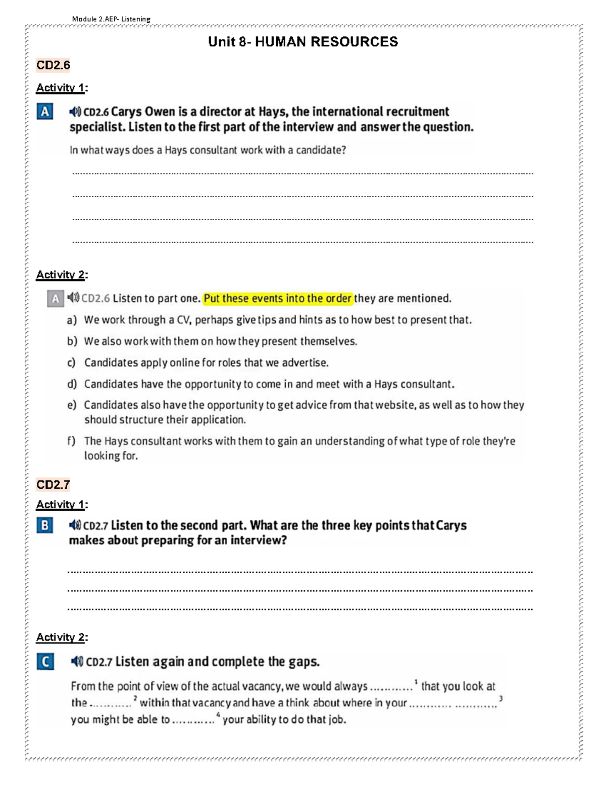 Unit 8 Inter- worksheet - Module 2 .AEP- Listening Unit 8 - HUMAN ...
