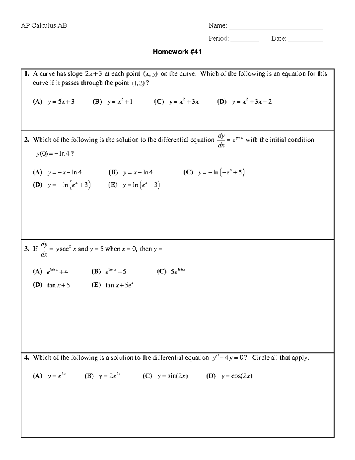 Homework #41 - AP Calculus AB: Intro to Differential Equations - Studocu