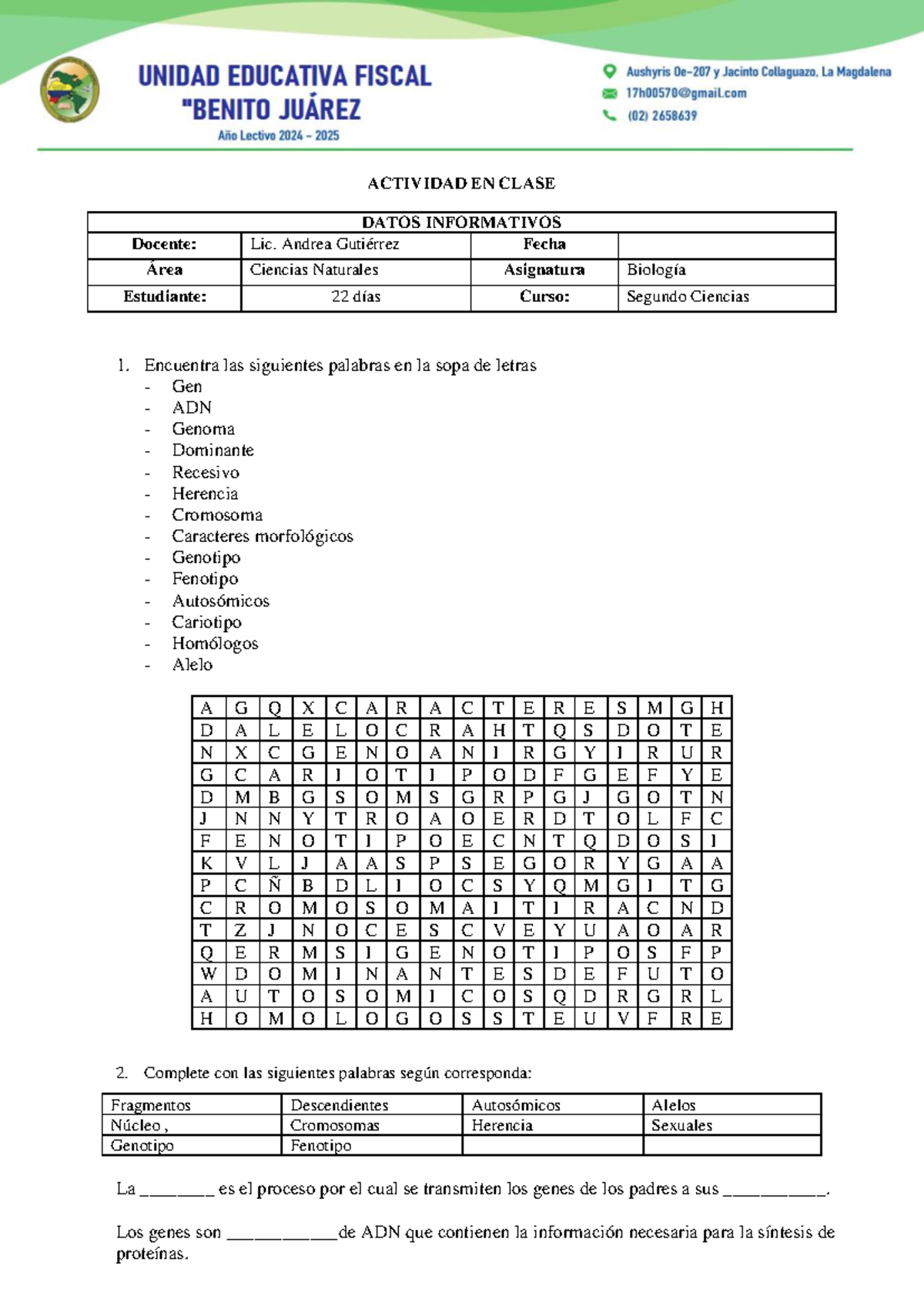Actividad en Clase: Sopa de Letras y Conceptos de Genética - Biología ...