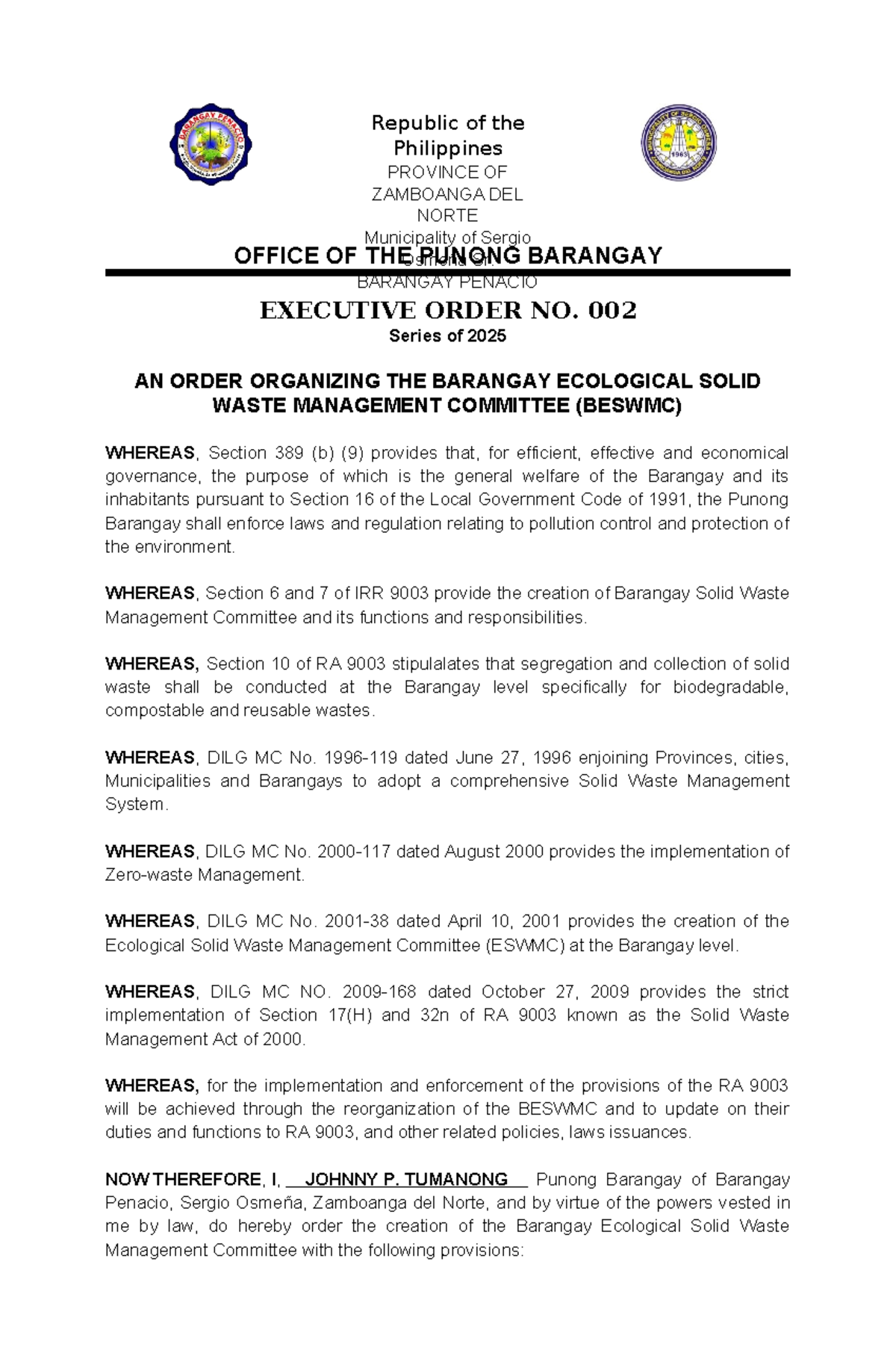 Executive Order No. 002-2025: Organizing the BESWMC in Barangay Penacio ...