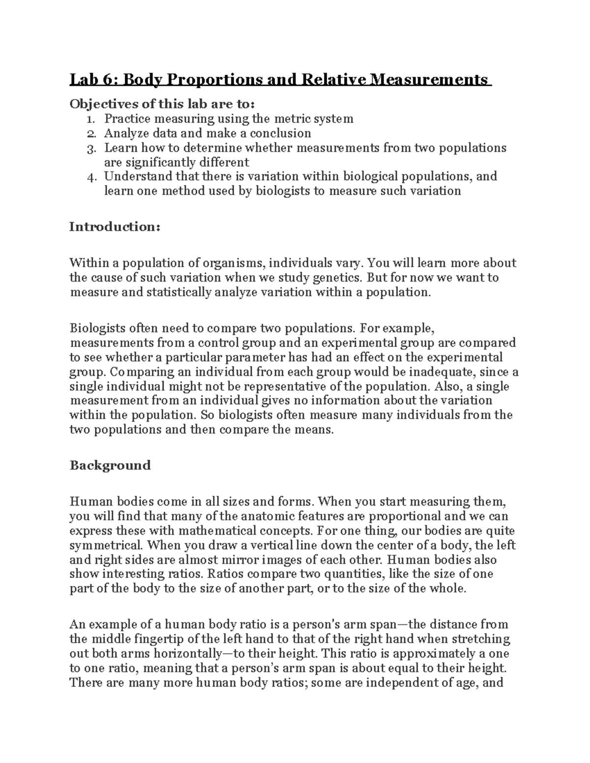Lab 6 - Analysis of Body Proportions and Relative Measurements - Studocu
