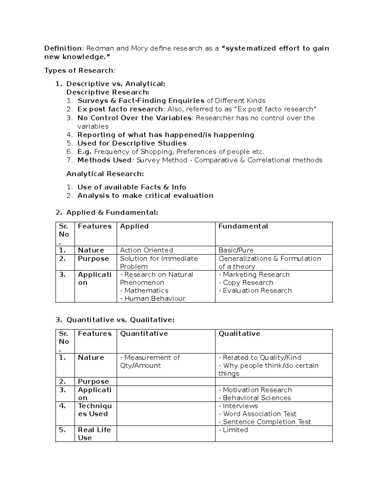Research Types - Summary of notes - Definition: Redman and Mory define ...