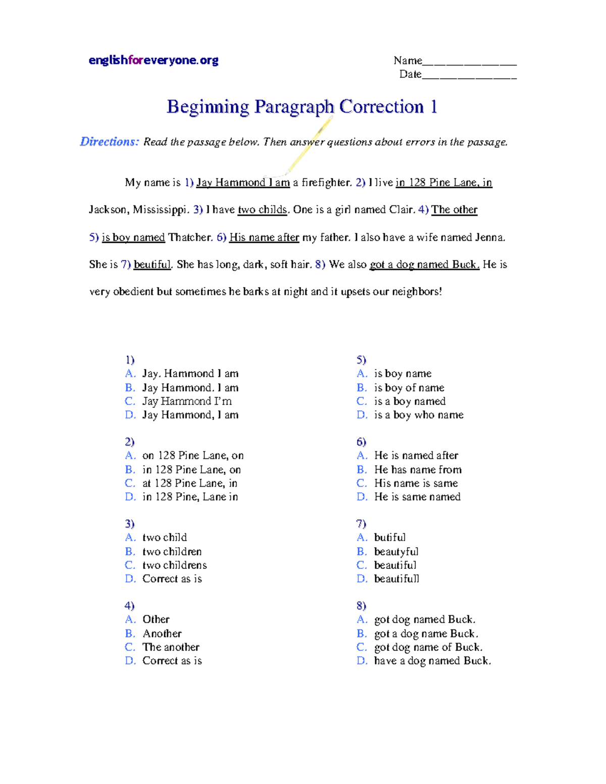 ENG101 Beginning Paragraph Correction 1: Error Identification and ...
