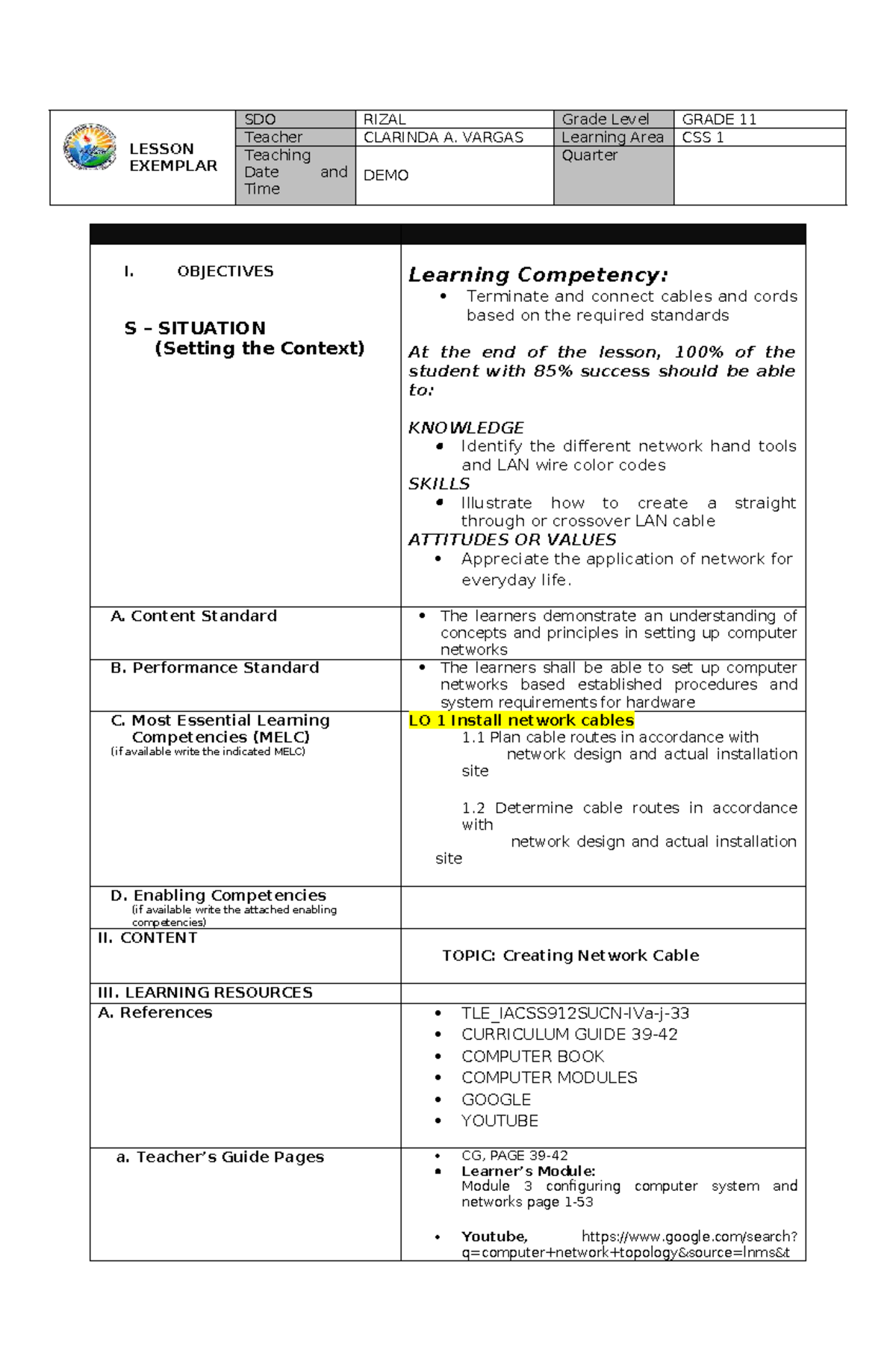 GRADE 11 CSS 1 LESSON EXEMPLAR: Creating Network Cables - Studocu