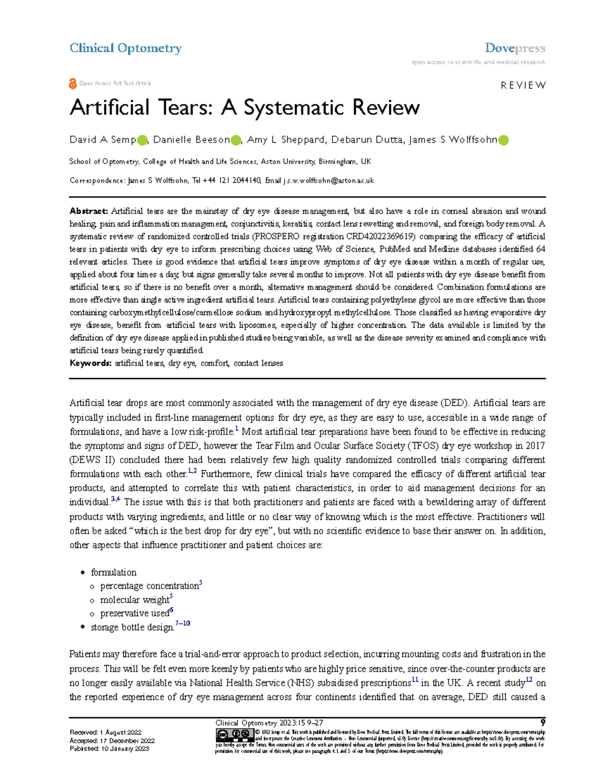 Clinical Optometry 2023: Artificial Tears - A Systematic Review of ...