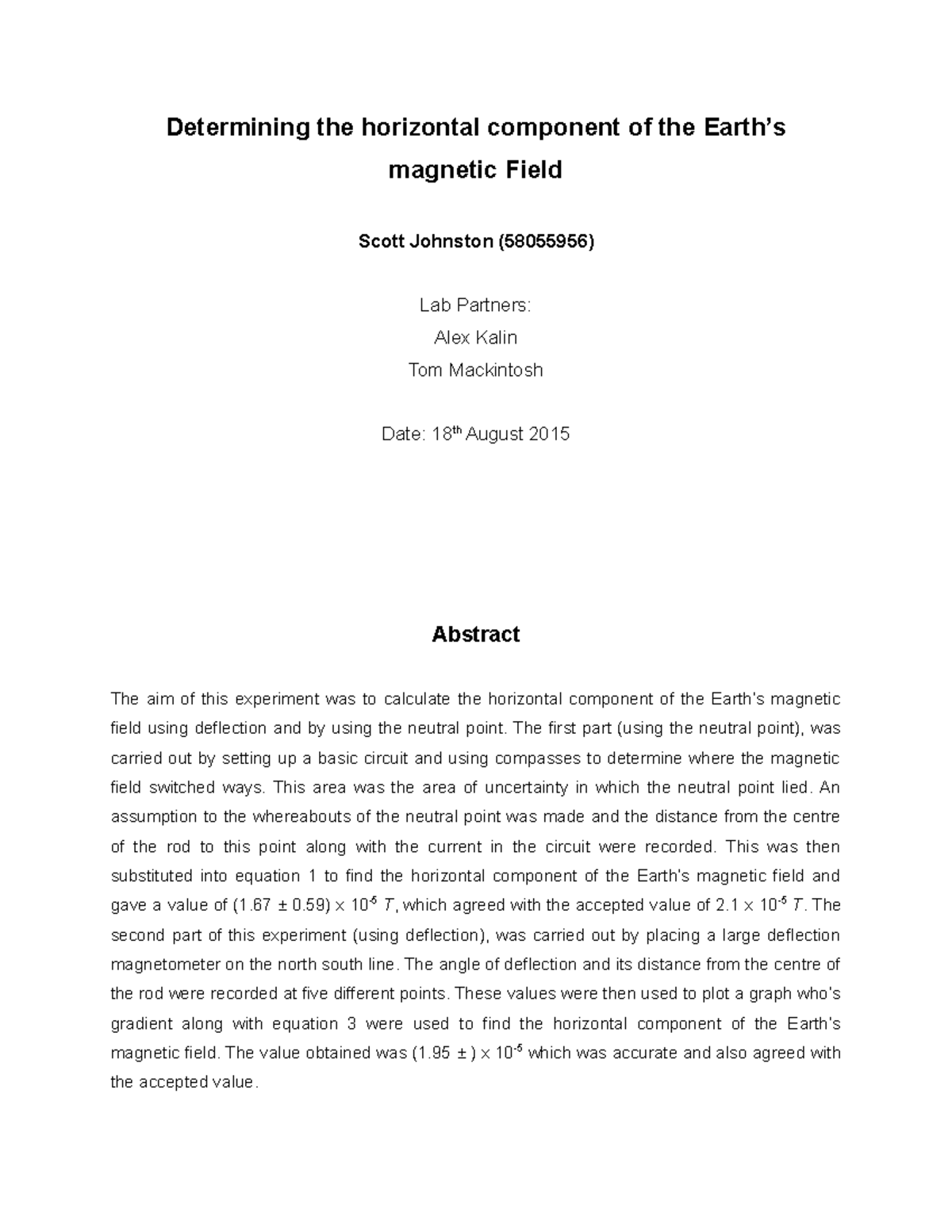 PHYS102 Lab Report: Horizontal Component of Earth's Magnetic Field ...