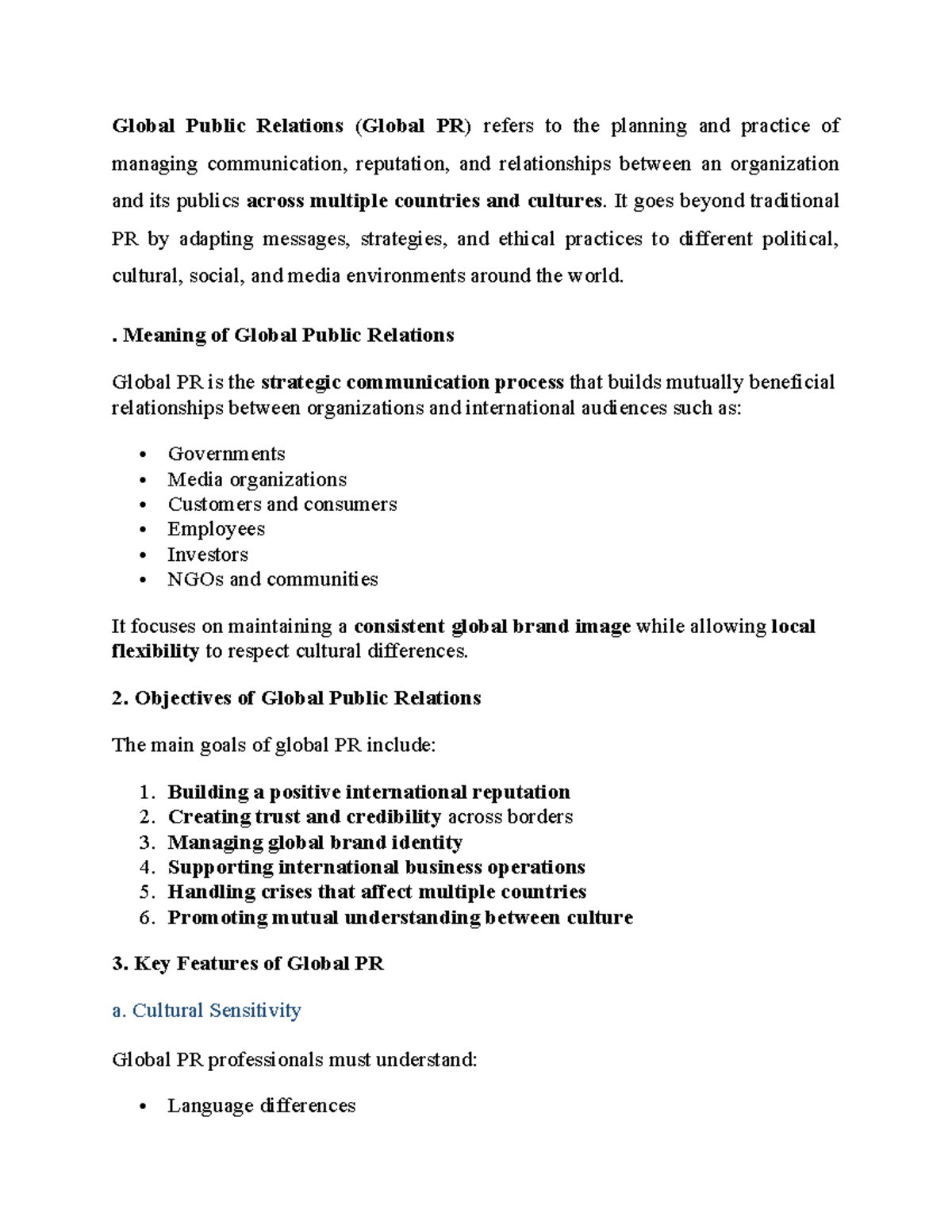 Lec 13: Understanding Global Public Relations and Its Objectives - Studocu