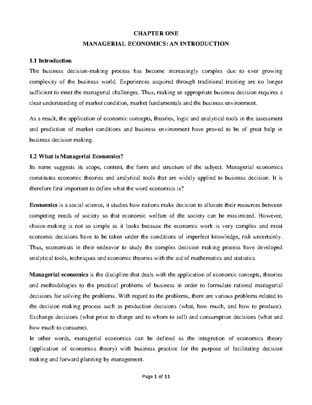 Chapter One - Best lecture note - CHAPTER ONE MANAGERIAL ECONOMICS: AN INTRODUCTION 1 ...
