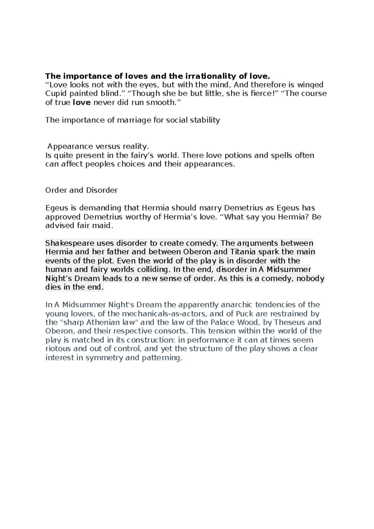 MSND Themes - MSND NOTES - The importance of loves and the ...
