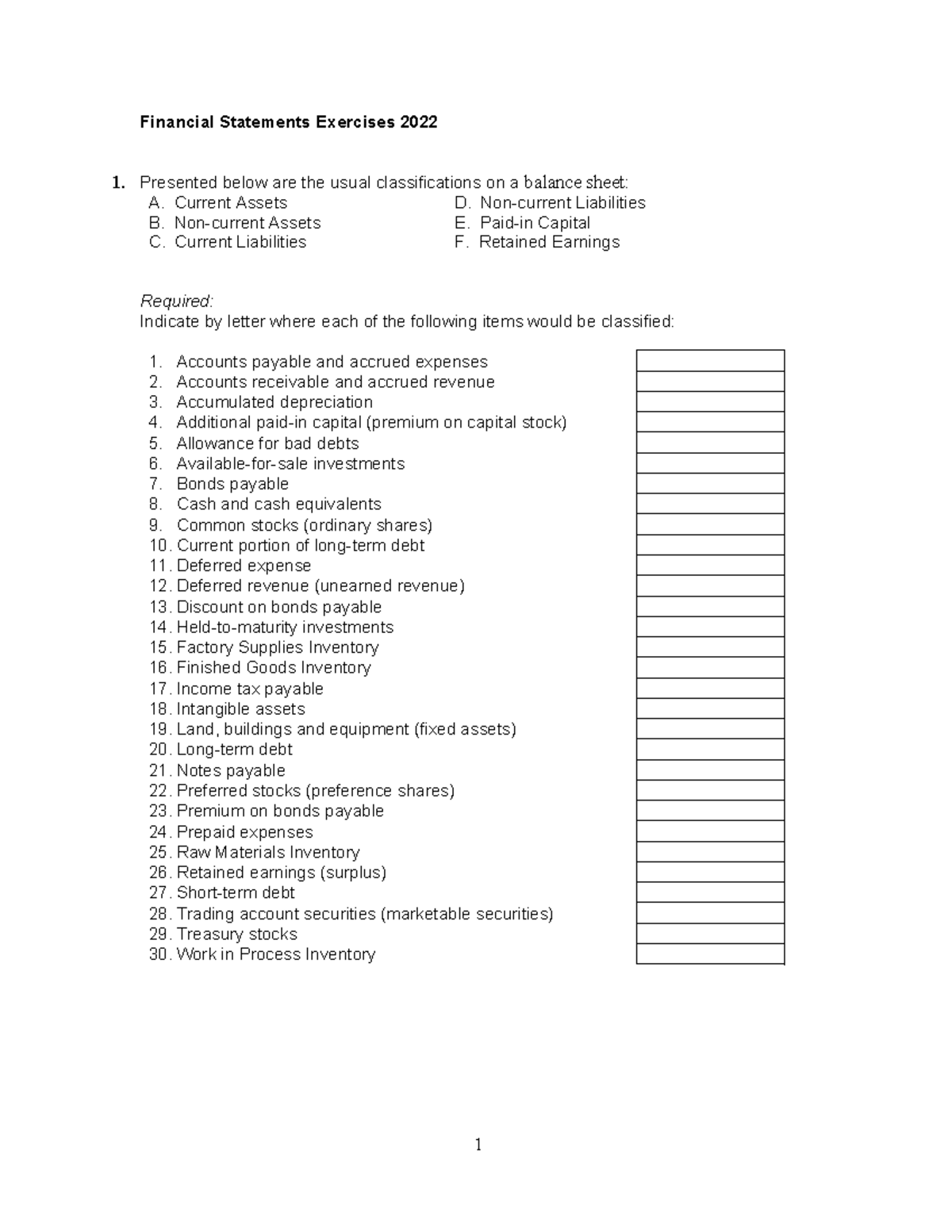 Financial Statements Exercises 2022: Balance Sheet & Income Statement ...