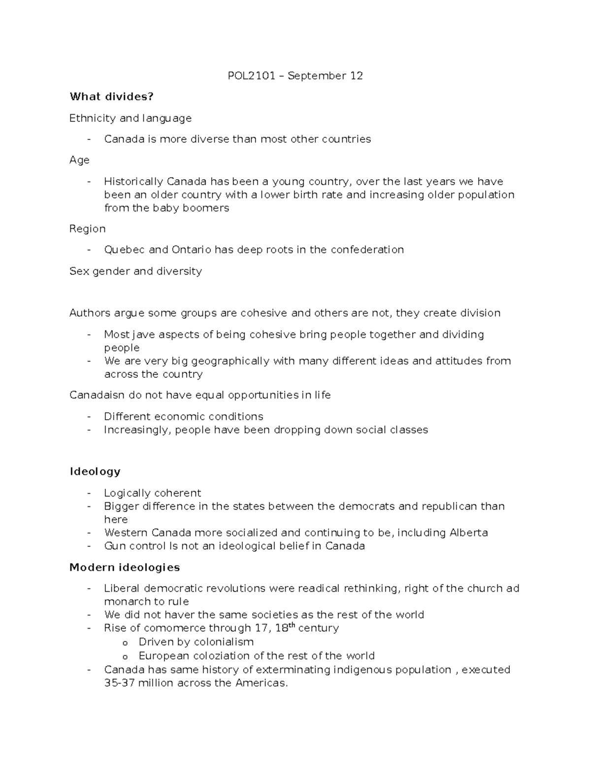 POL2101 - September 12 - Lecture Notes on Canadian Ideologies and ...