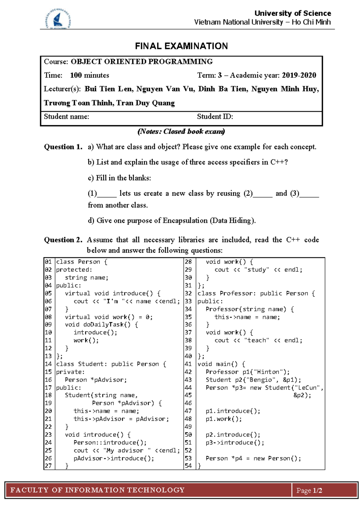 OOP-19CLC Final Exam 2020: Object Oriented Programming Questions - Studocu